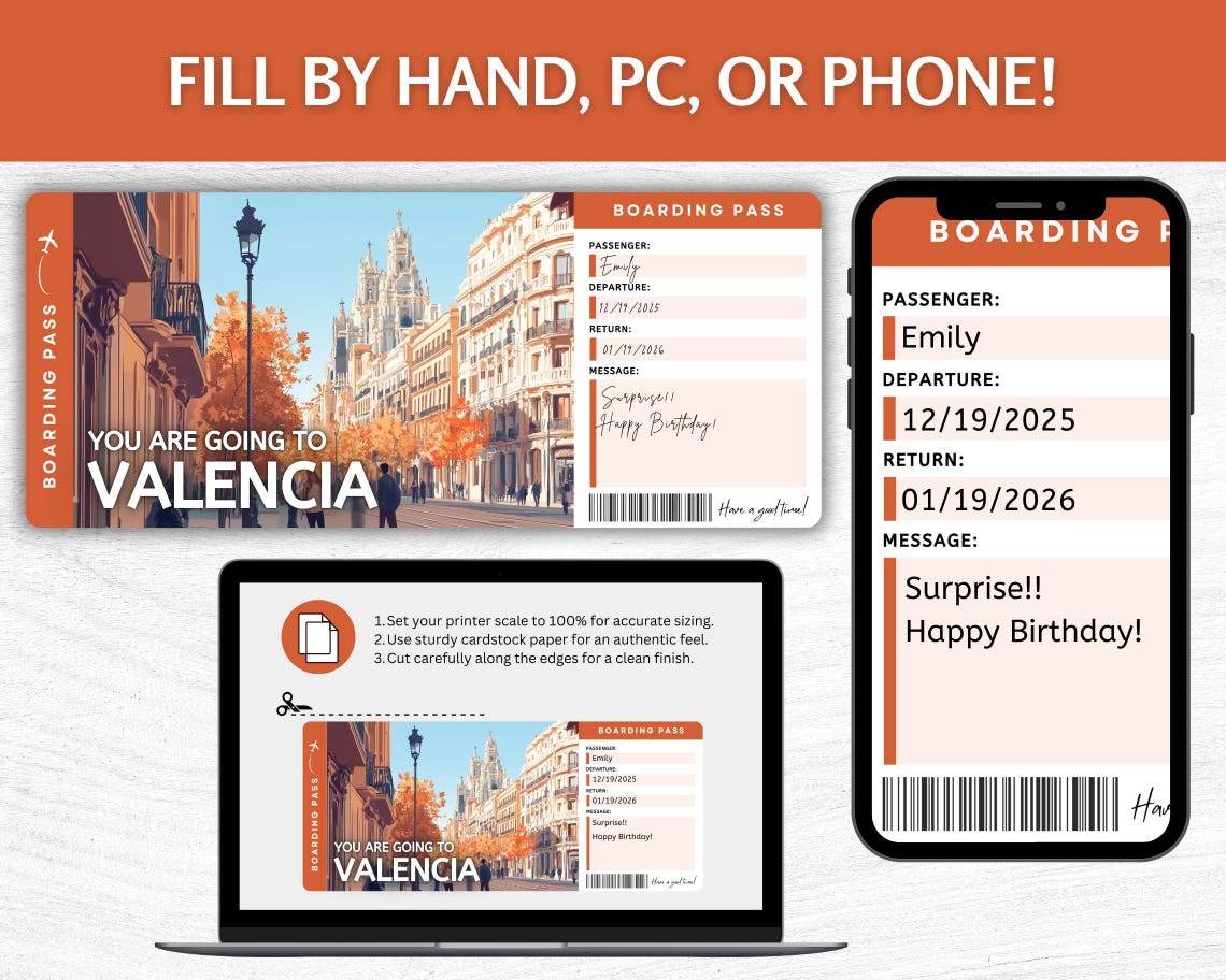 Printable Valencia Surprise Gift Ticket, Editable Spain Boarding Pass ...