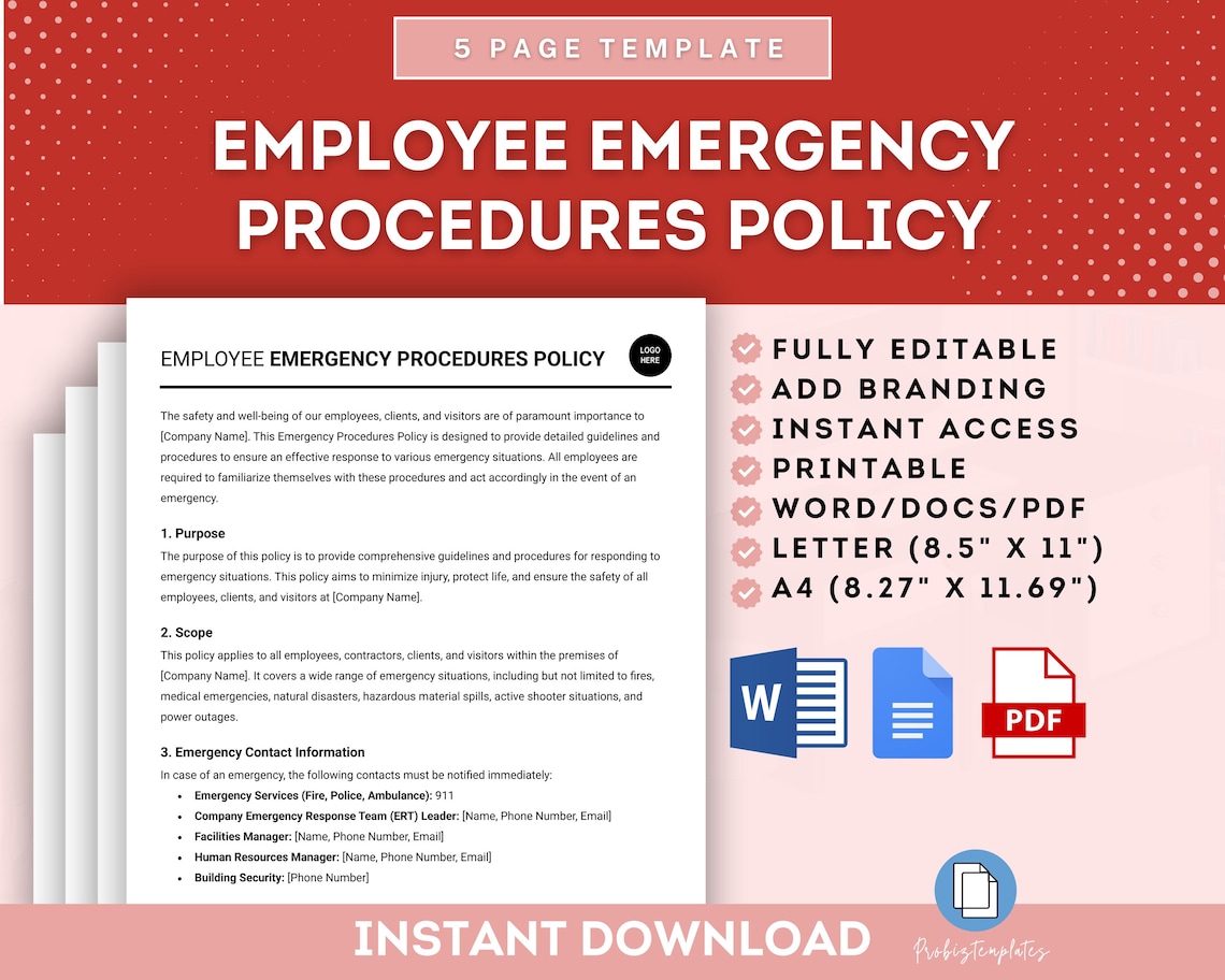 Employee Emergency Procedures Policy Template, Workplace Emergency Plan ...