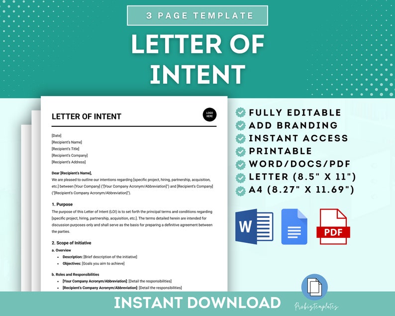 Letter of Intent Template, Business Intent Letter, Intent to Proceed ...