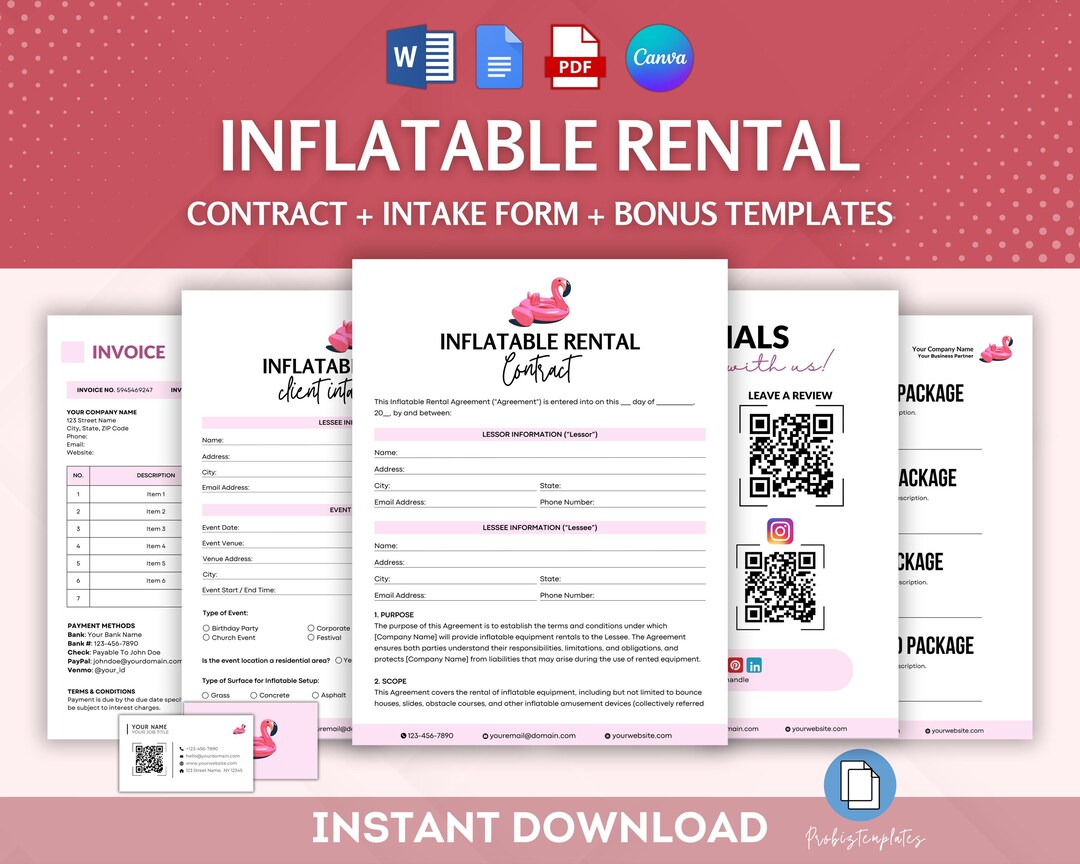 Inflatable Rental Agreement Bundle, Bounce House Contract Template ...