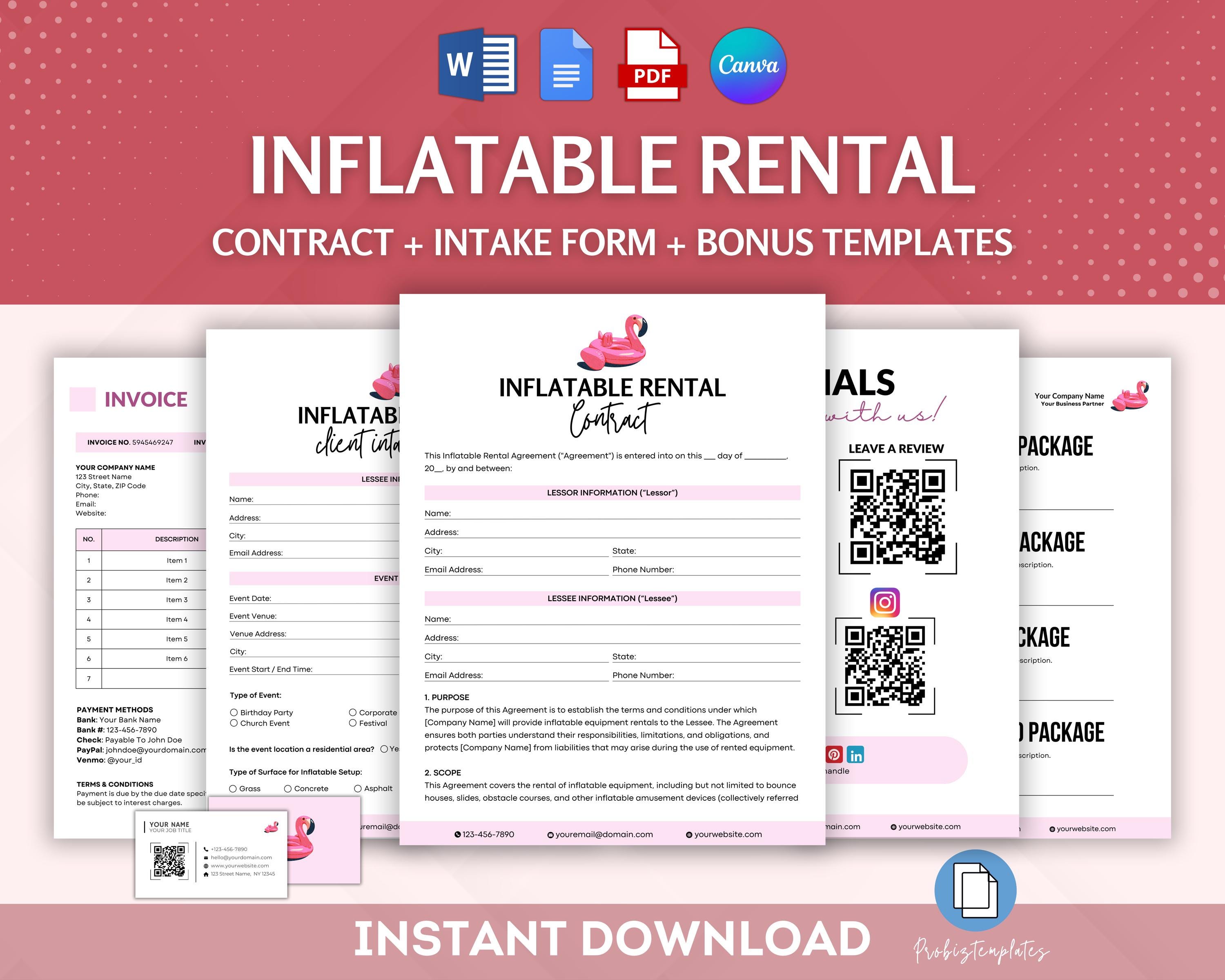 Inflatable Rental Agreement Bundle, Bounce House Contract Template ...