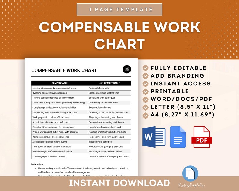 Compensable Work Chart Template, Employee Compensation Chart, Work ...