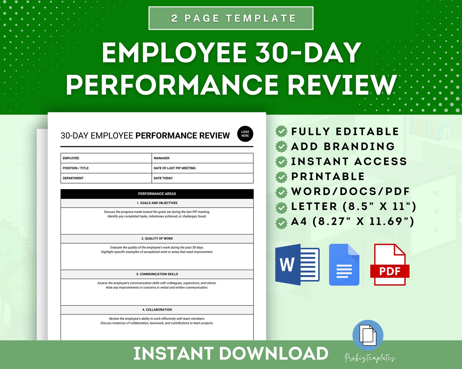 Employee 30-day Performance Review Template, Employee Evaluation Form ...