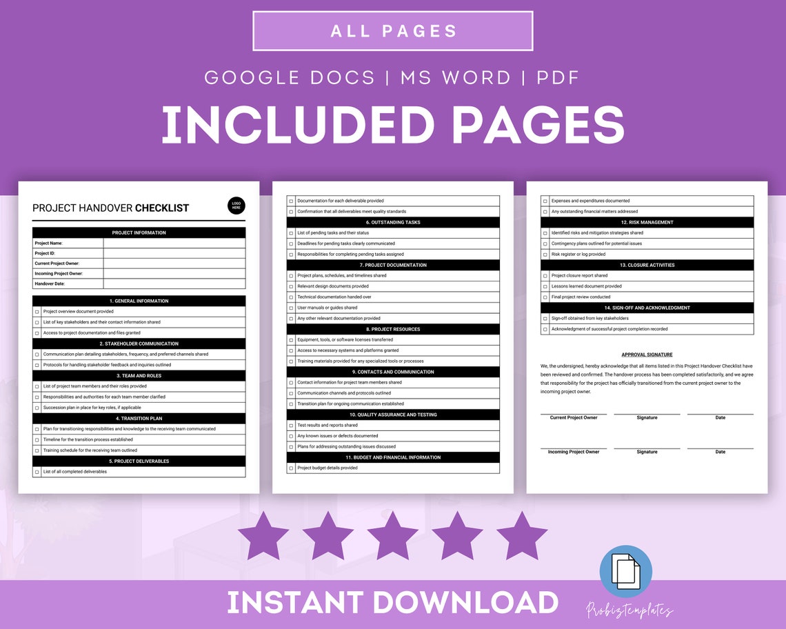 Project Handover Checklist, Project Transfer Checklist, Project ...