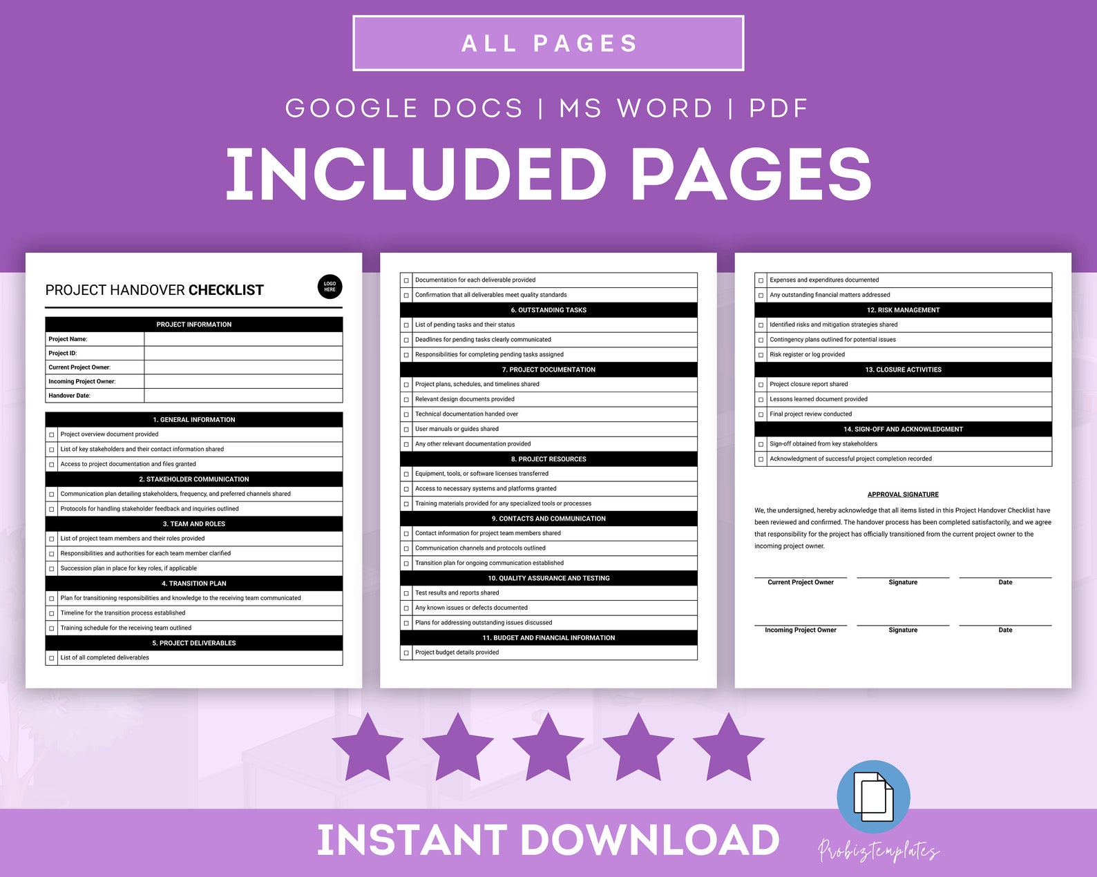 Project Handover Checklist, Project Transfer Checklist, Project ...