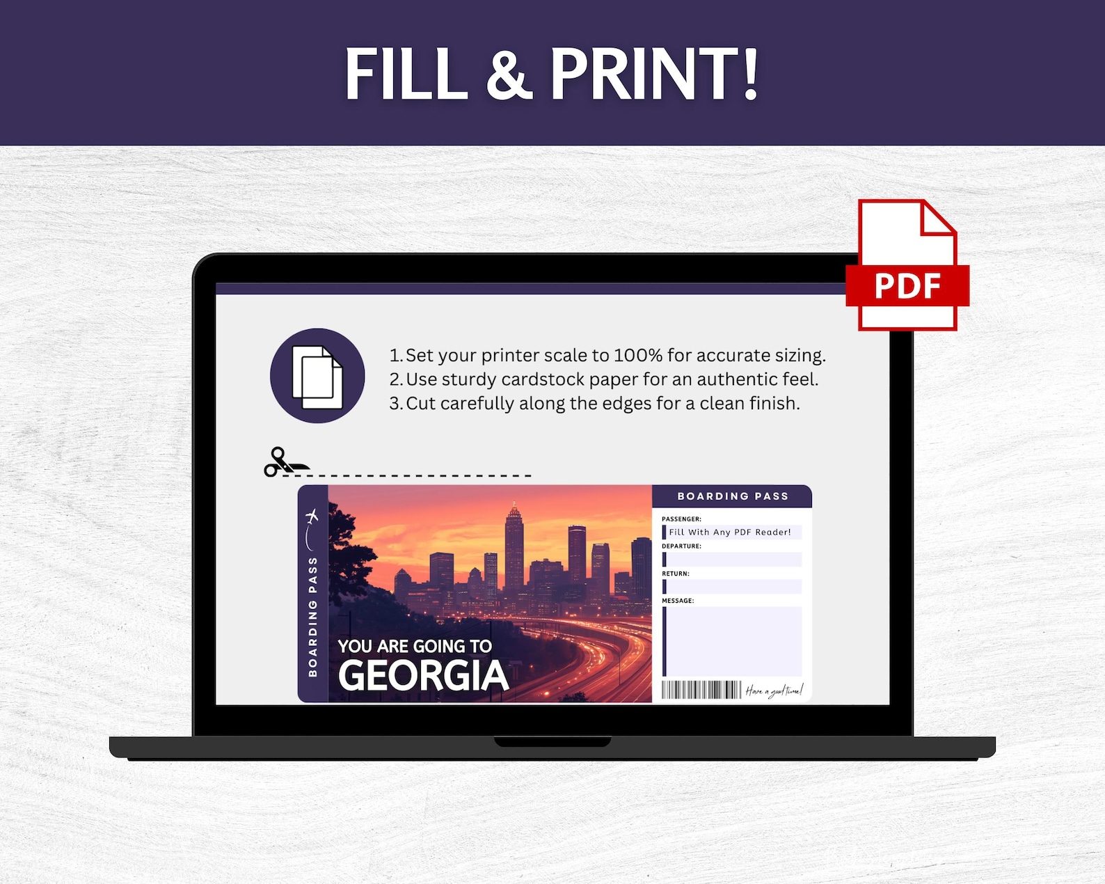 Printable Georgia Surprise Gift Ticket, Editable Atlanta Vacation ...