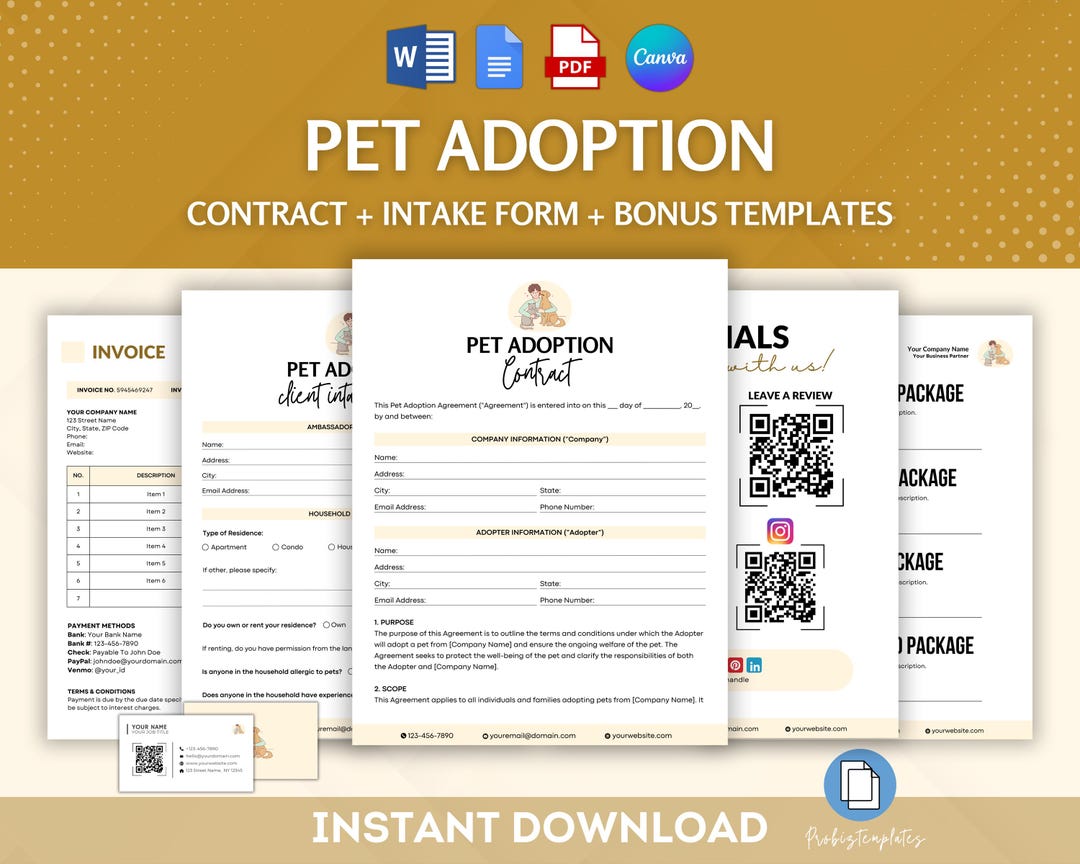 Pet Adoption Contract Bundle, Animal Adoption Agreement Template, Pet ...