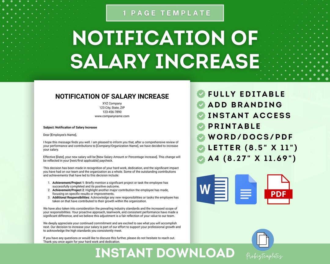 Notification of Salary Increase Letter, Salary Raise Notice, Pay ...