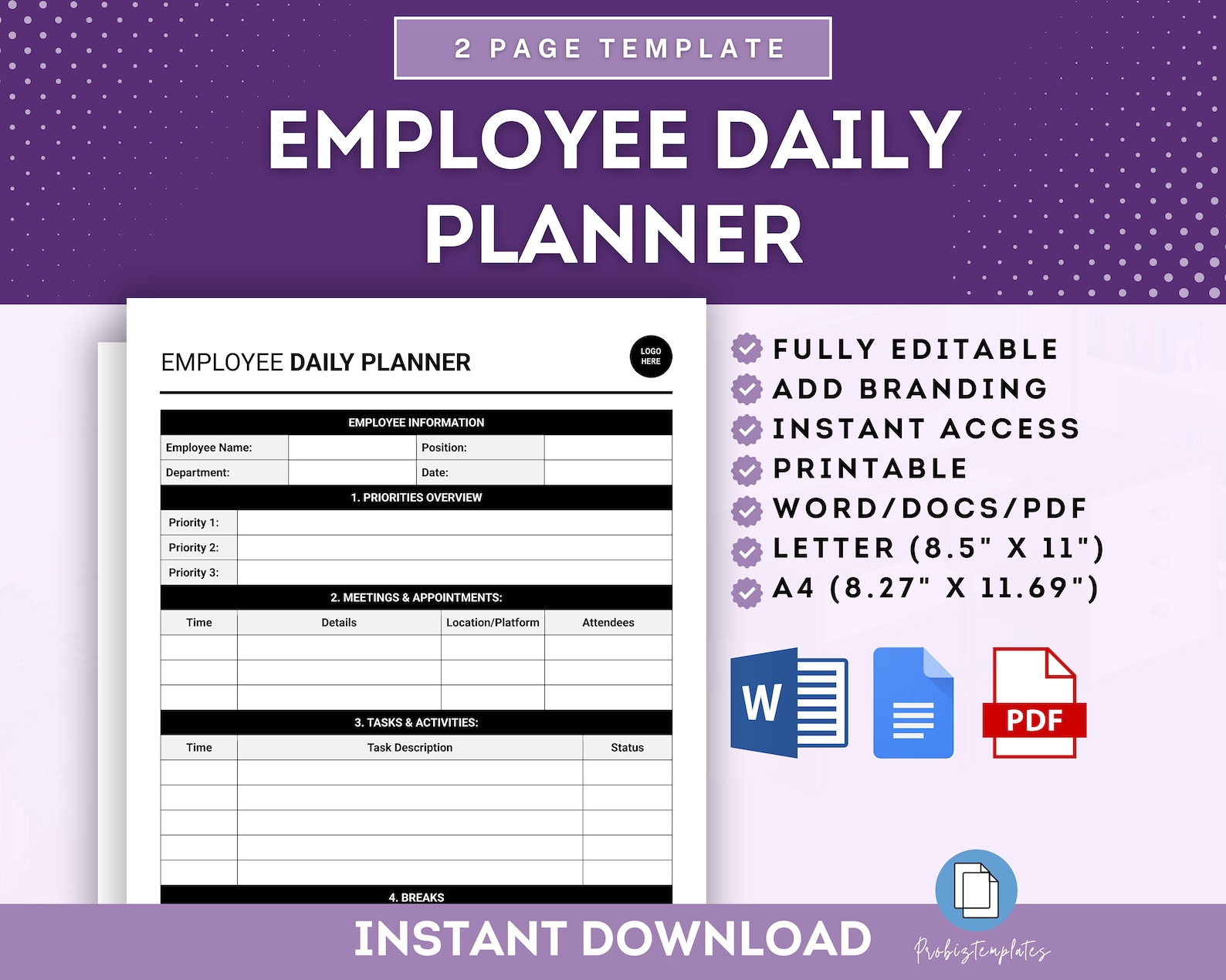 Employee Daily Planner Template, Workday Organizer, Employee Task ...