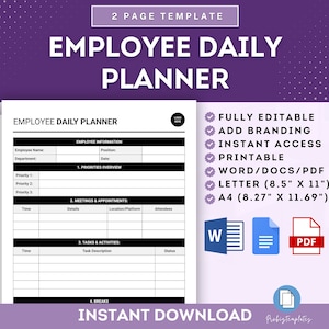 Employee Daily Planner Template, Workday Organizer, Employee Task ...