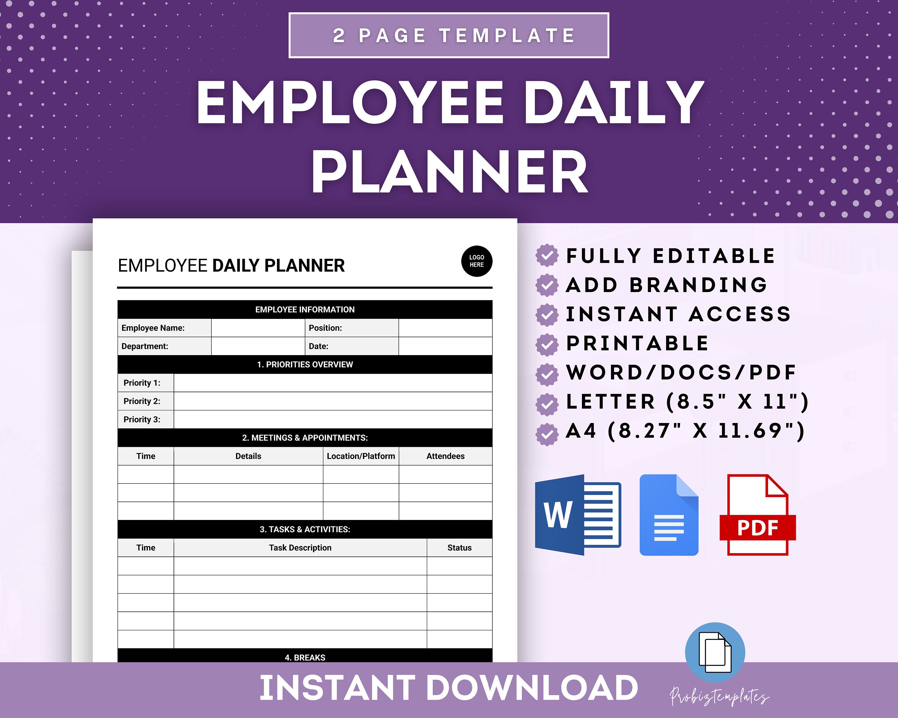 Employee Daily Planner Template, Workday Organizer, Employee Task ...