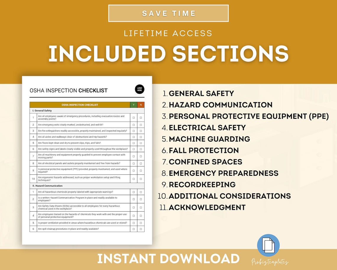 OSHA Inspection Checklist Template, Occupational Safety Evaluation Form, OSHA Compliance ...