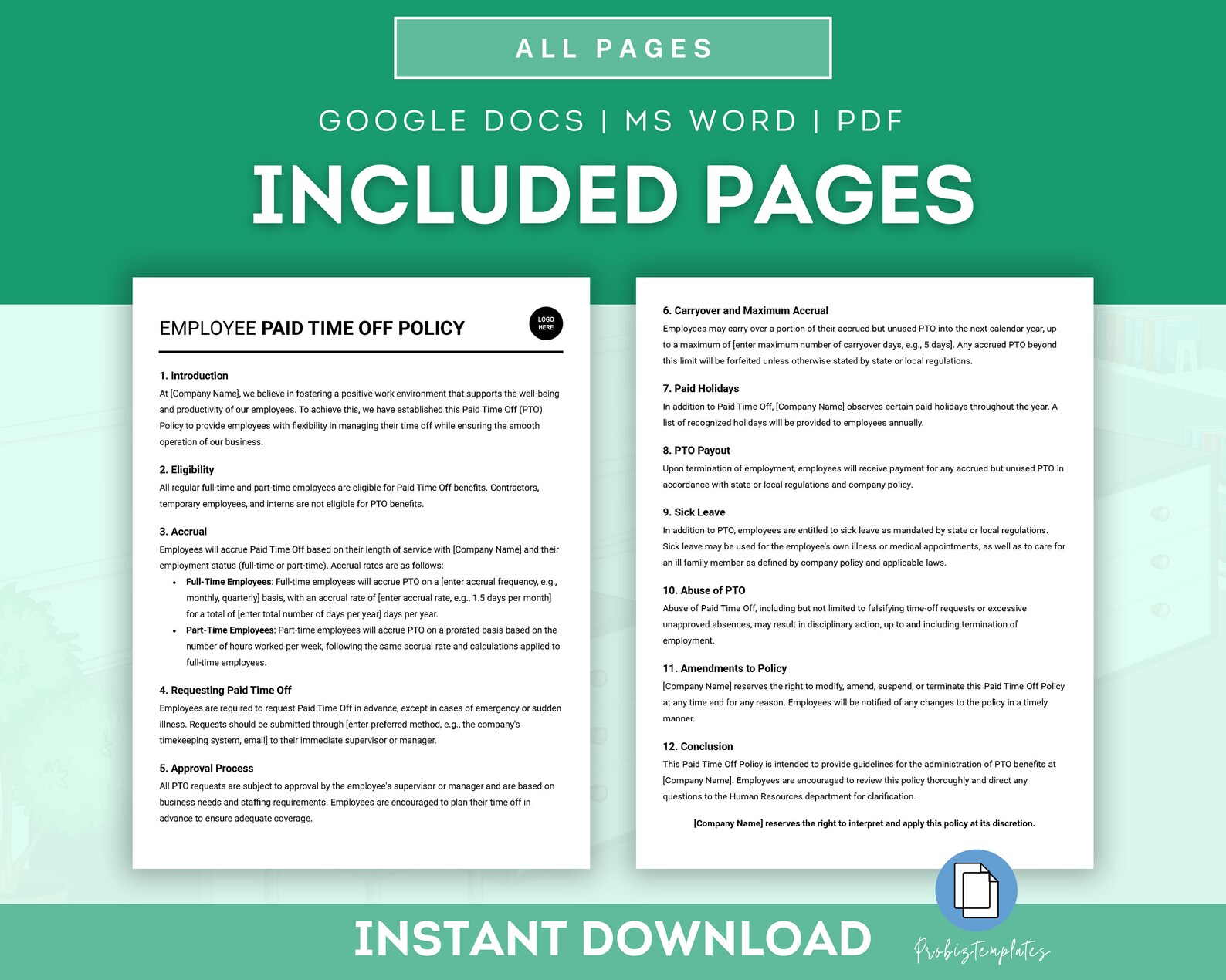 Employee Paid Time off Policy Template, Staff PTO Policy, Staff Leave ...