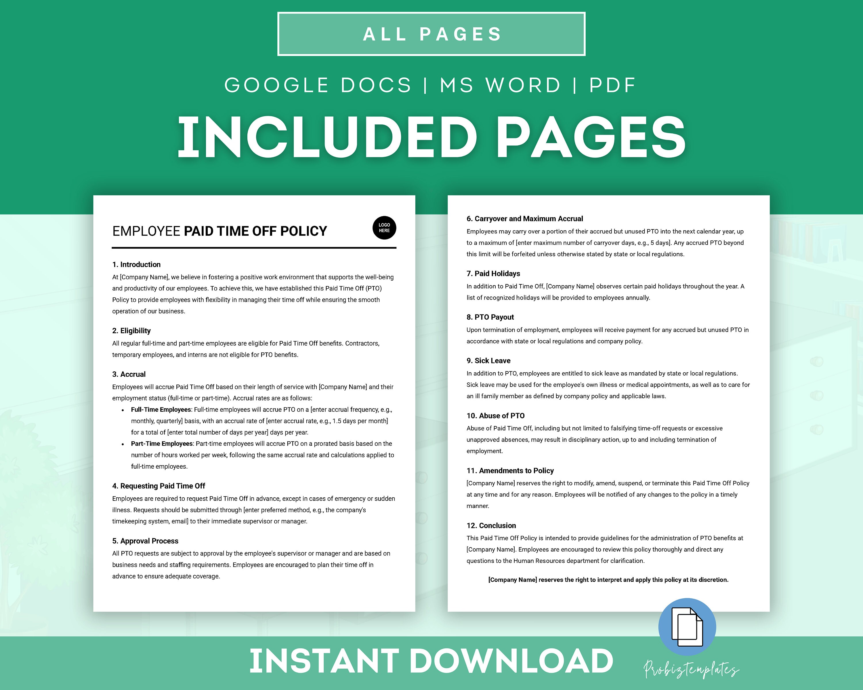 Employee Paid Time off Policy Template, Staff PTO Policy, Staff Leave ...