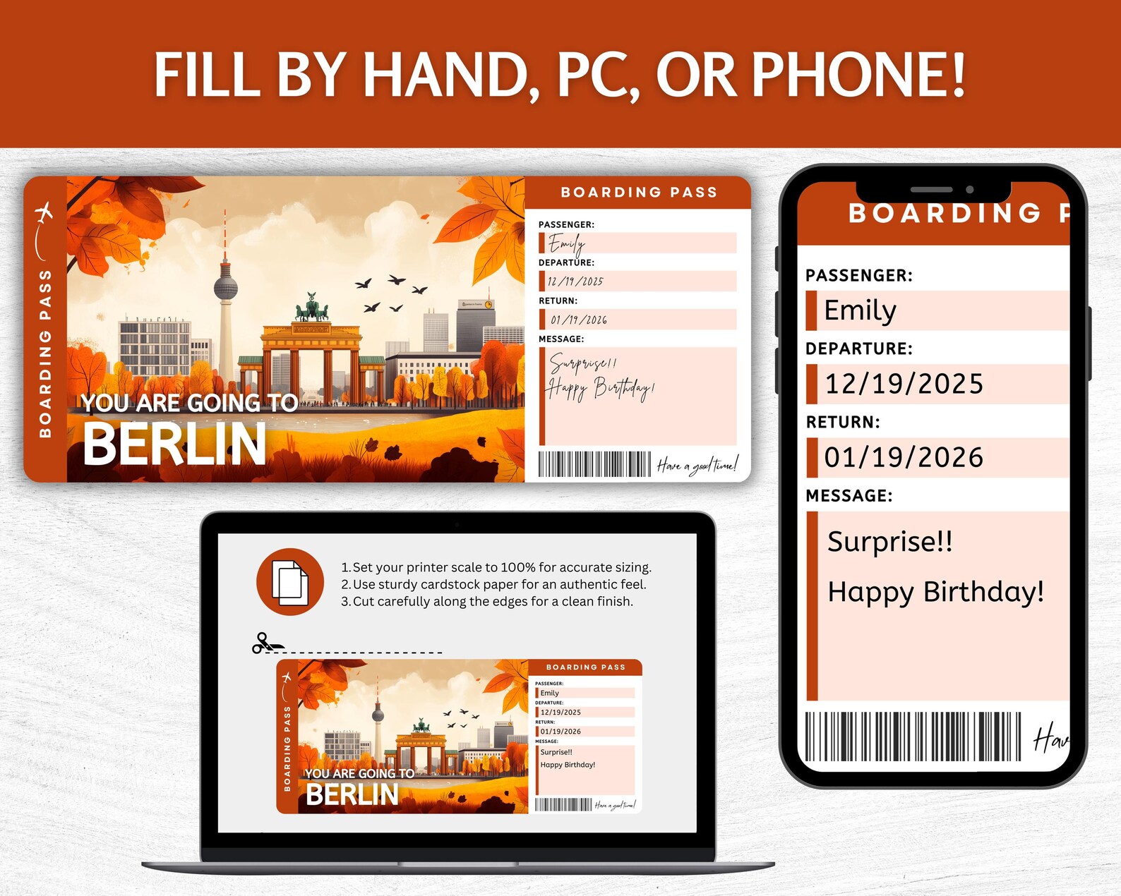 Printable Berlin Surprise Gift Ticket, Editable Germany Boarding Pass ...