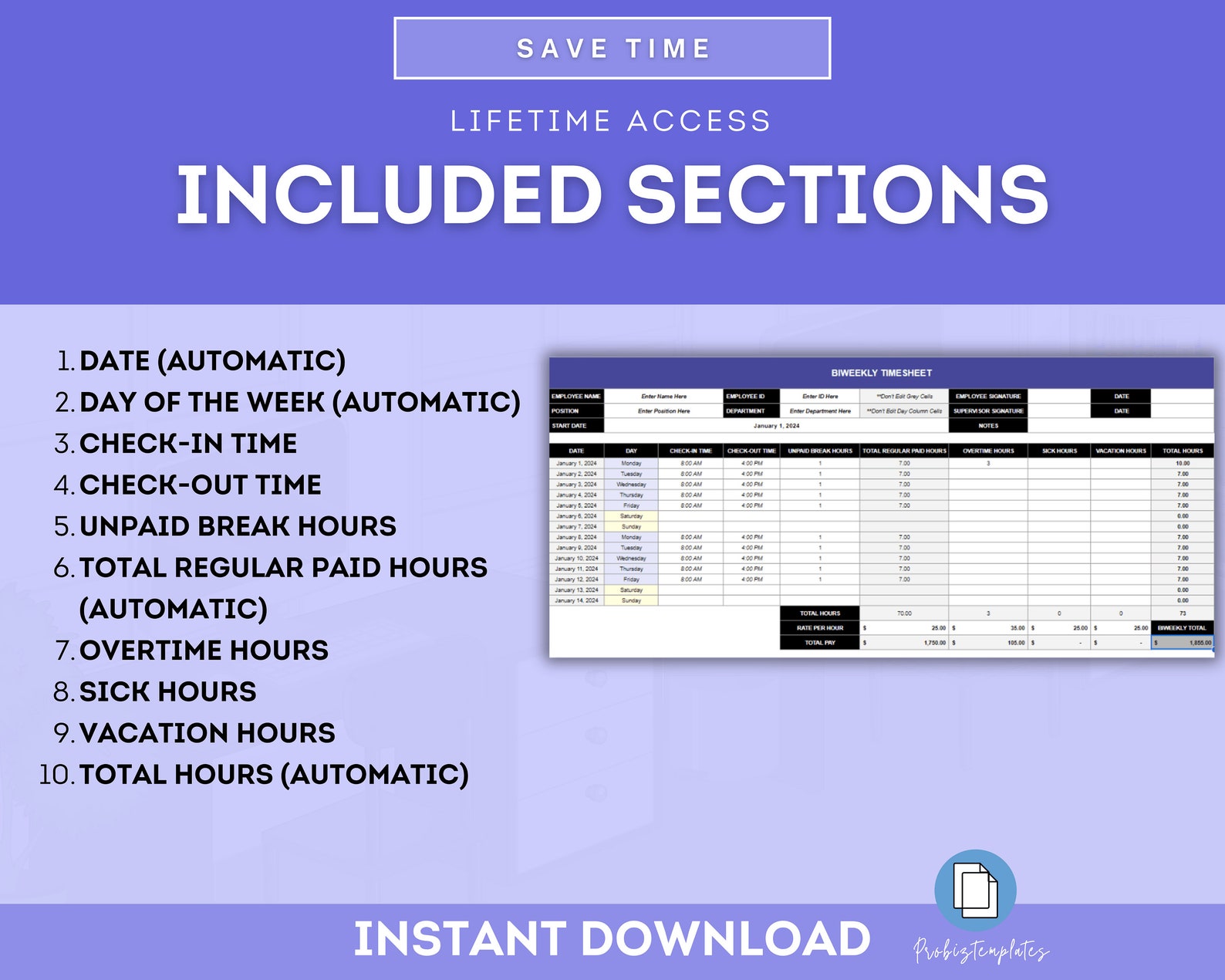 Employee Biweekly & Weekly Timesheet, Work Hours Record, Staff Hours ...