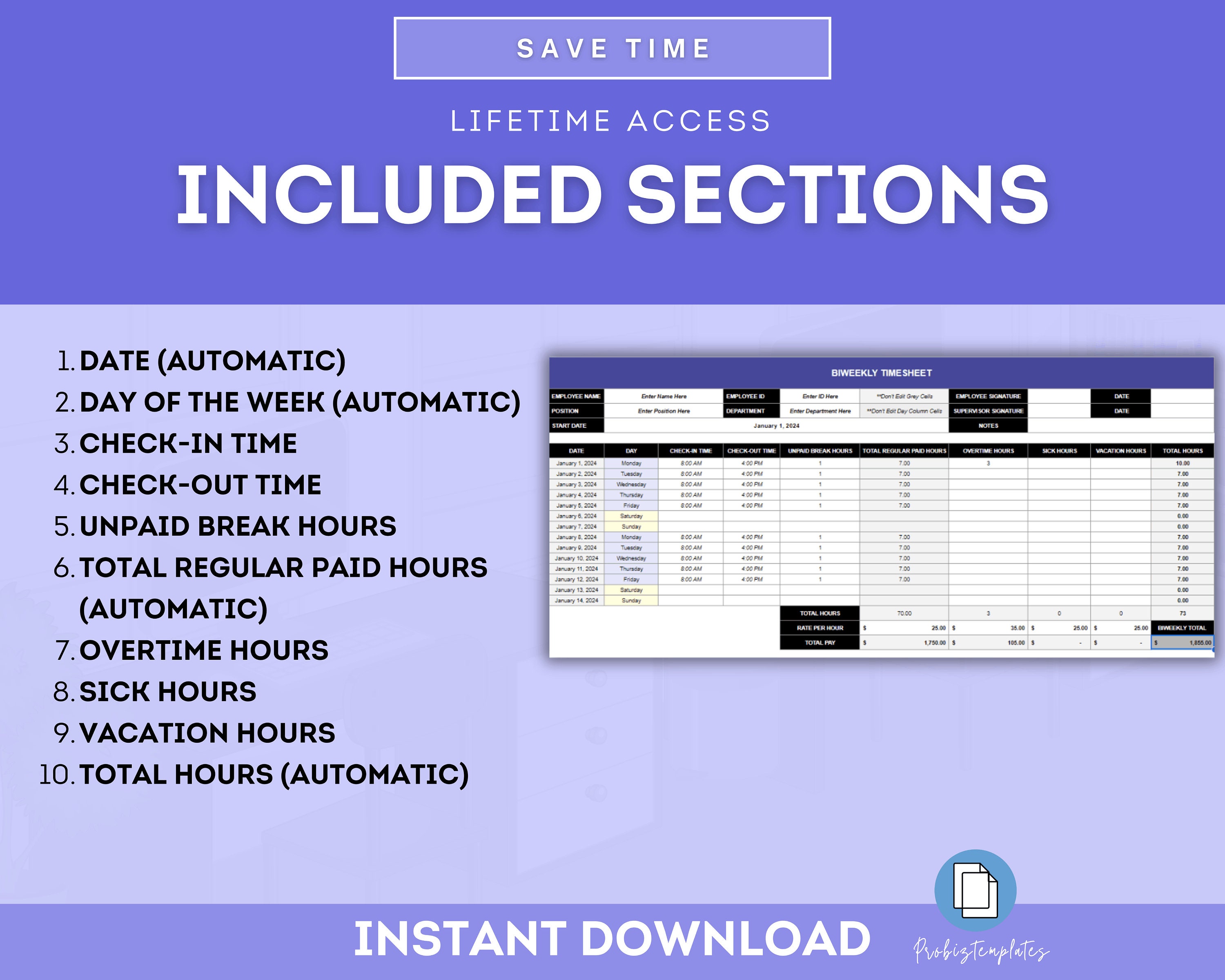 Employee Biweekly & Weekly Timesheet, Work Hours Record, Staff Hours ...