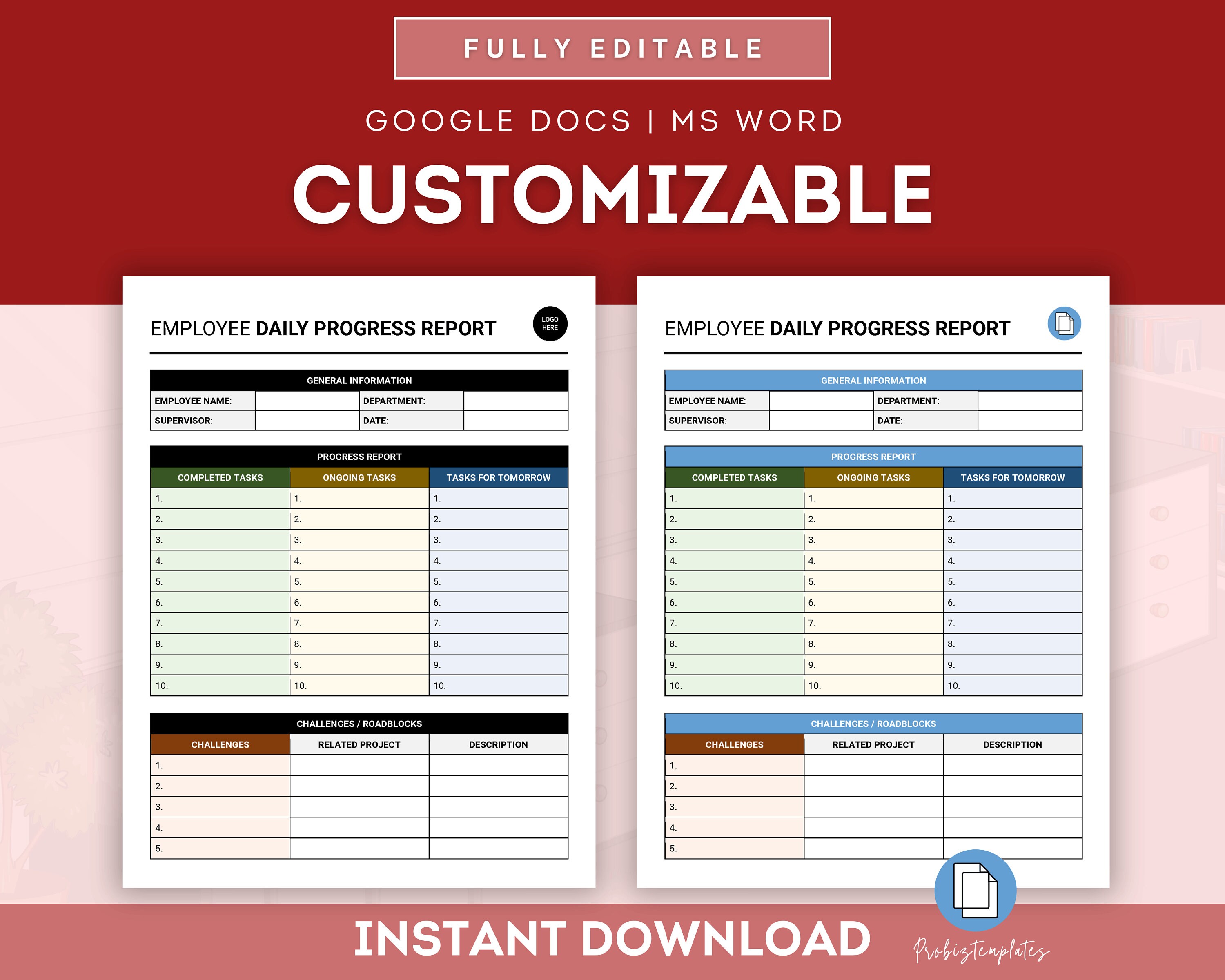Simple Employee Daily & Weekly Progress Report Template, Employee Daily ...