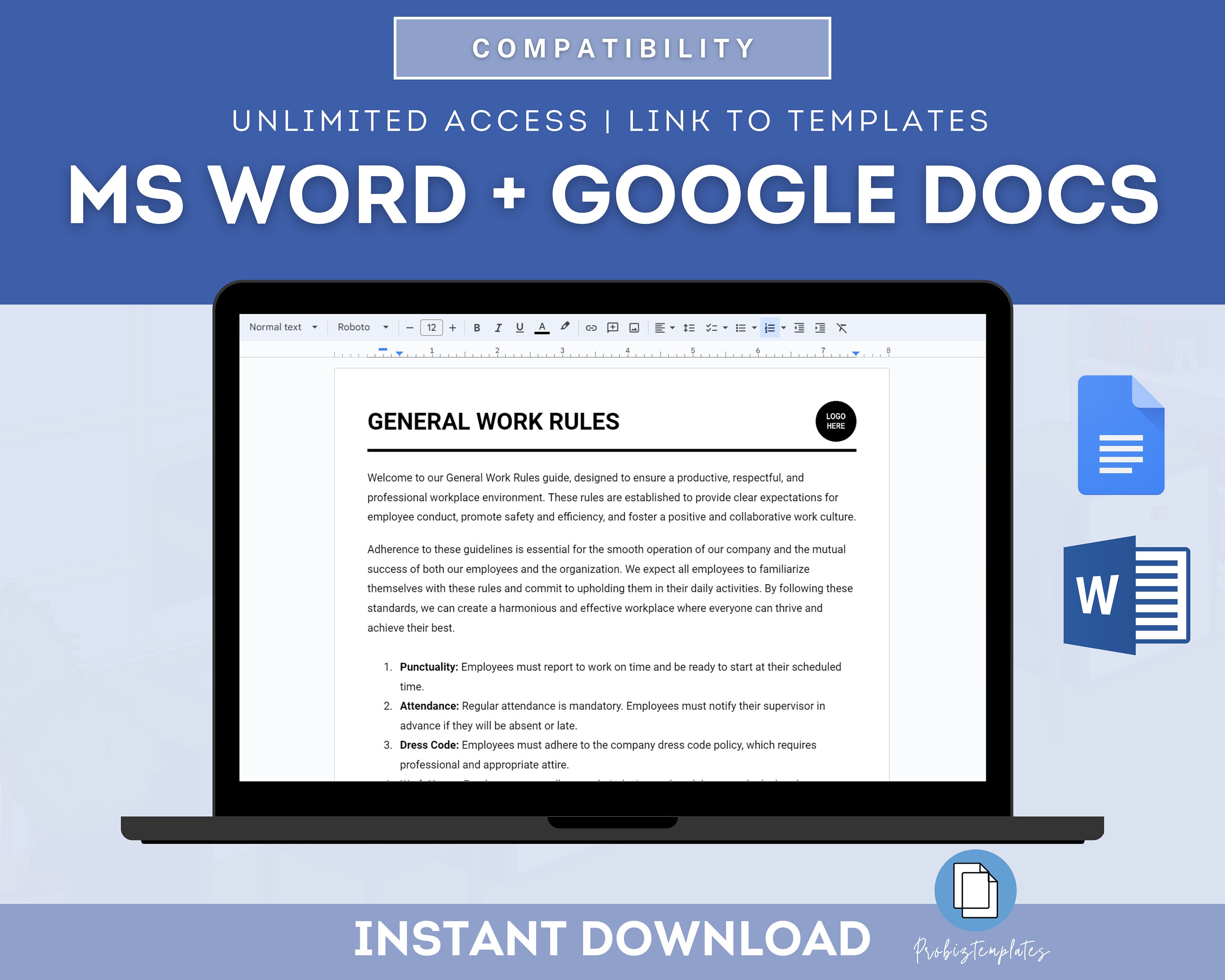 General Work Rules Template, Employee Workplace Rules, Company Work ...