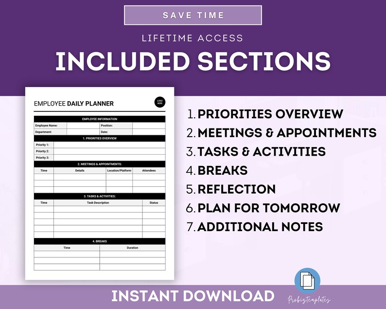 Employee Daily Planner Template, Workday Organizer, Employee Task ...