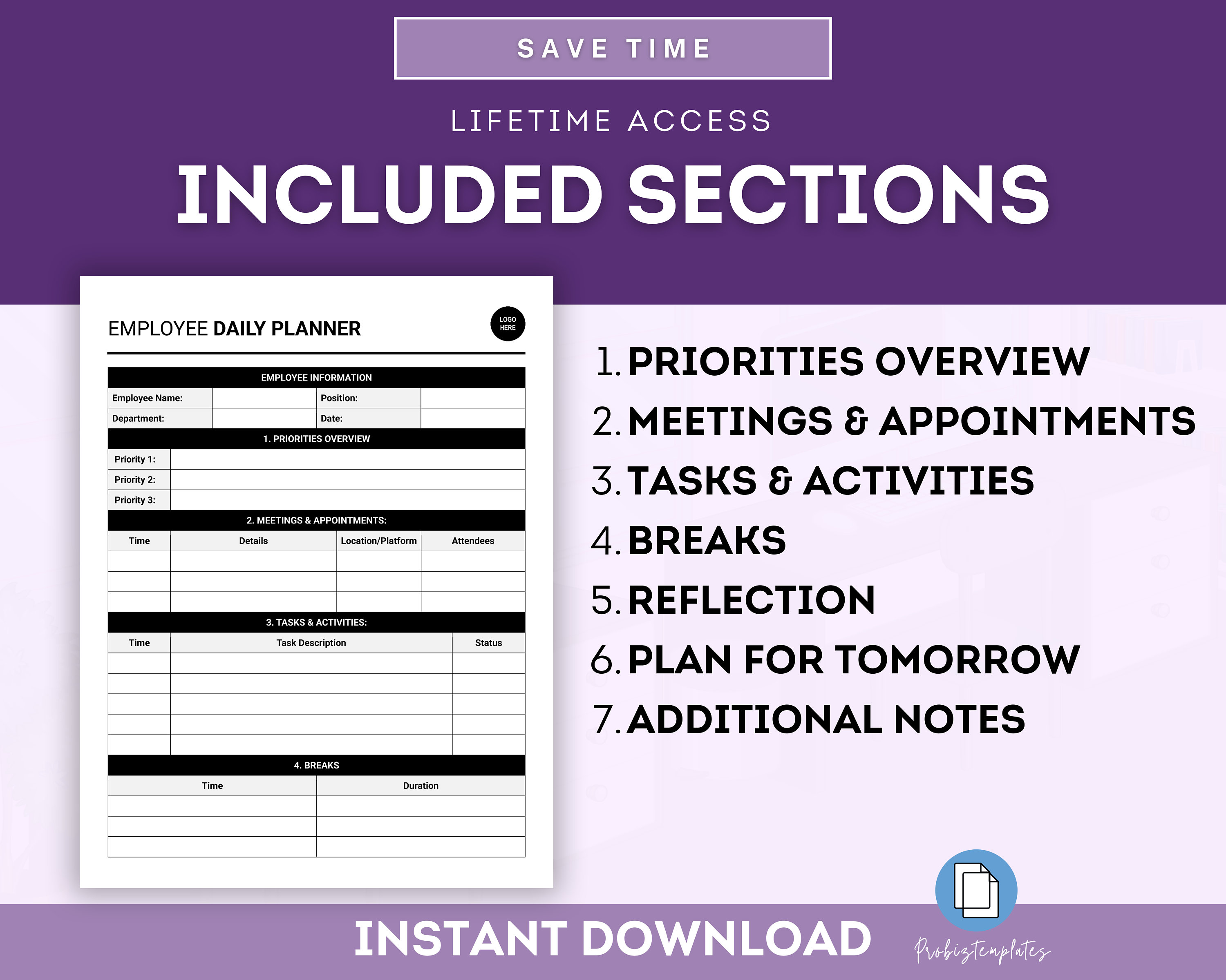 Employee Daily Planner Template, Workday Organizer, Employee Task ...