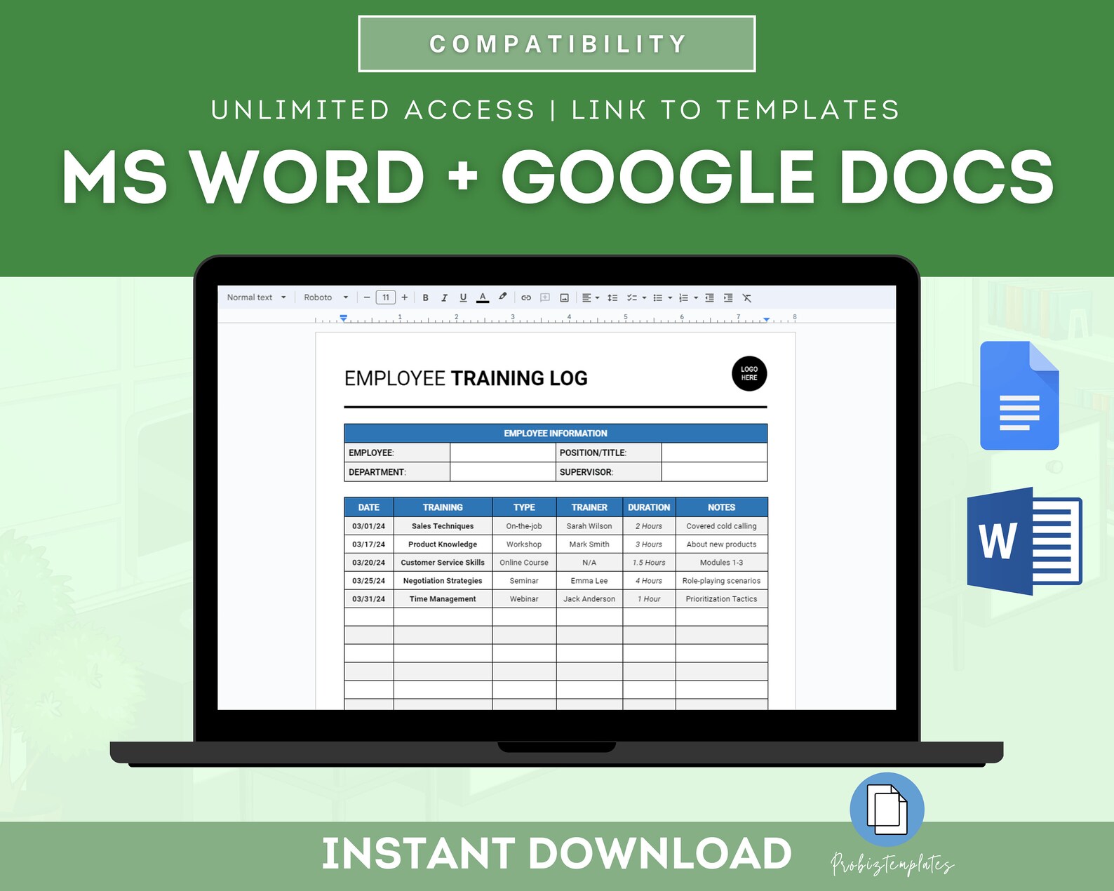 Simple Employee Training Log Template, Staff Development Tracker ...