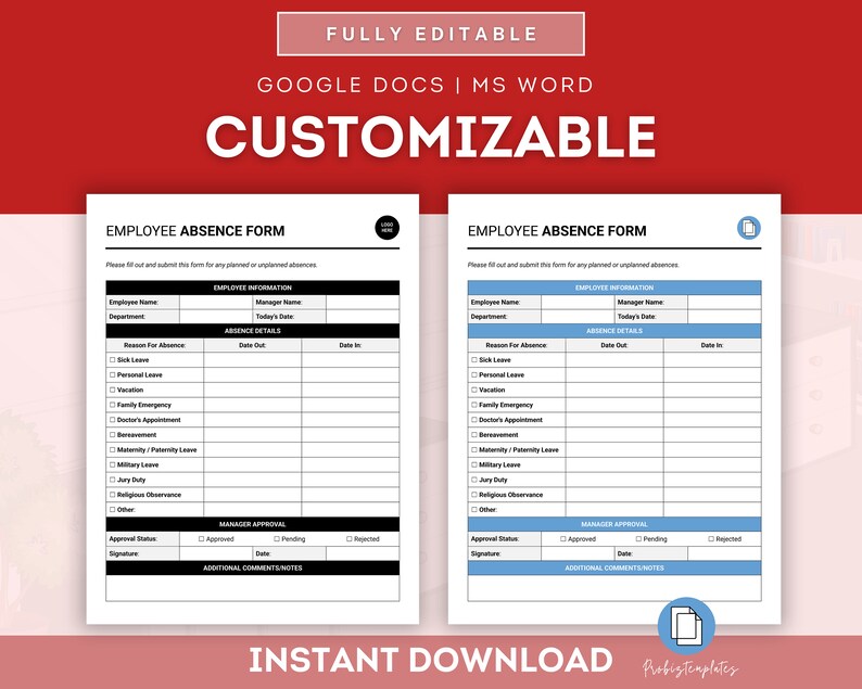 Employee Absence Form Template, Attendance Record Form, Leave Request ...