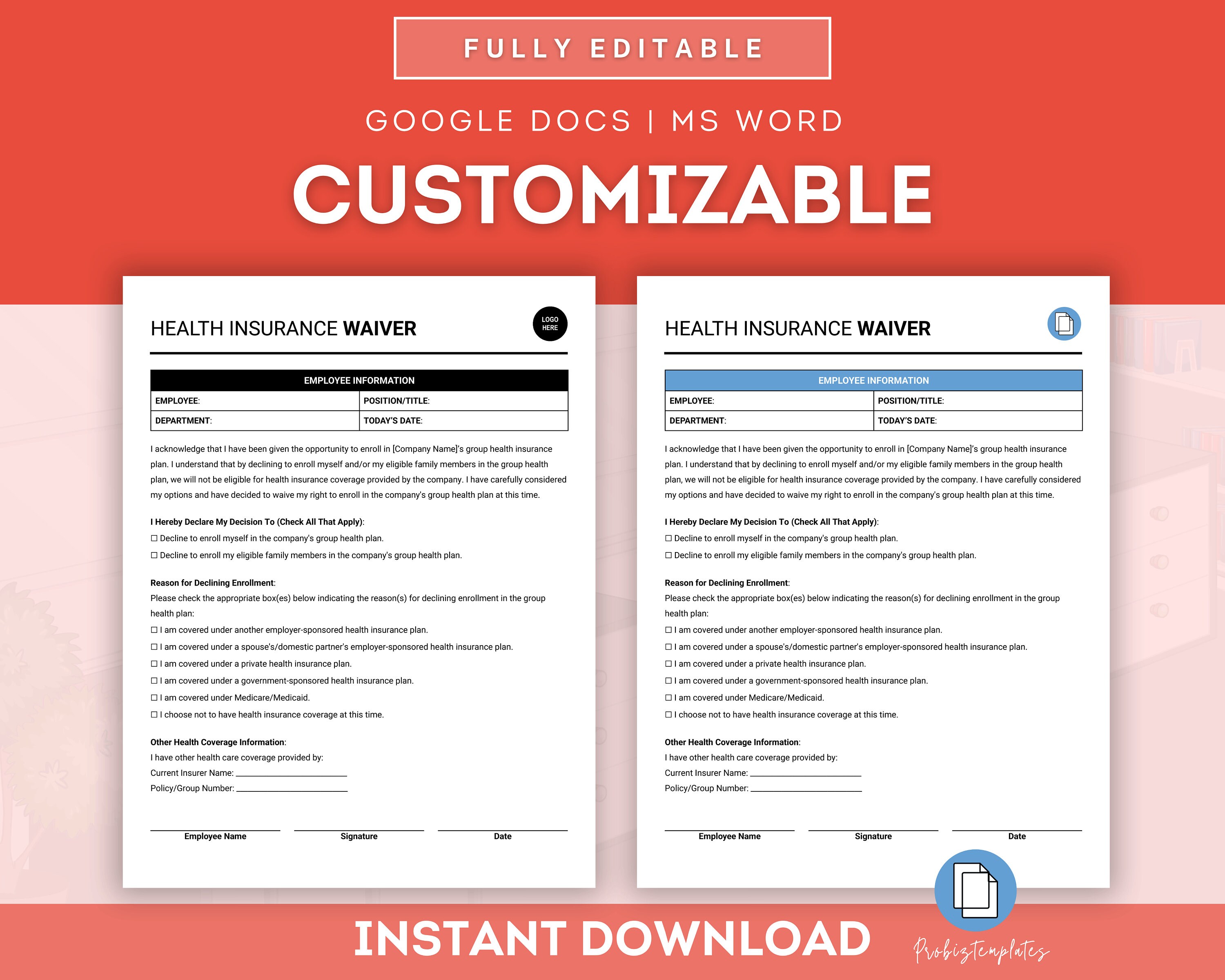 Health Insurance Waiver Form, Health Coverage Opt-out Form, Medical ...