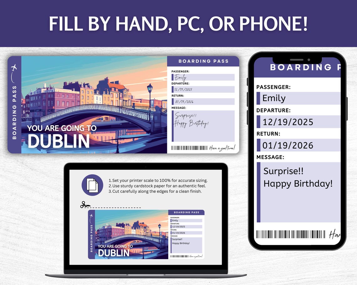 Printable Dublin Surprise Gift Ticket, Editable Ireland Vacation ...
