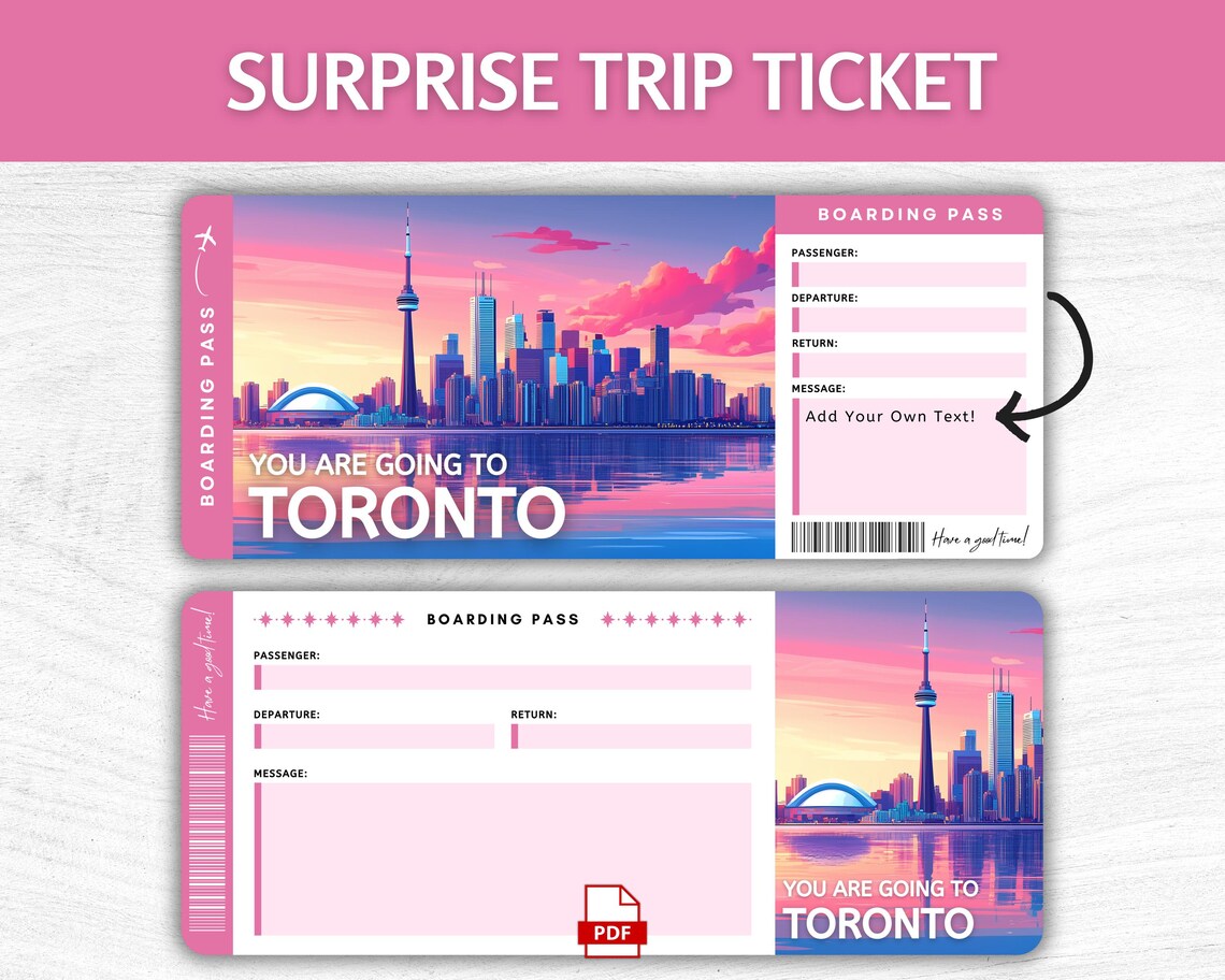 Printable Toronto Surprise Gift Ticket, Editable Canada Vacation ...