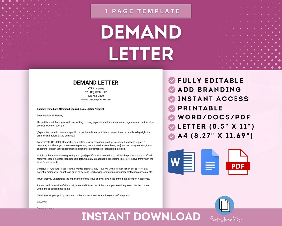 Demand Letter Template, Payment Demand Letter, Formal Demand Letter ...