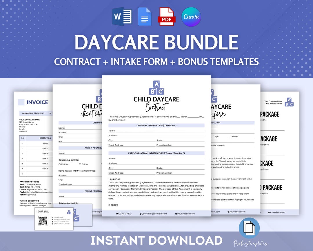 Daycare Contract Bundle, Daycare Business Starter Kit, Preschool ...