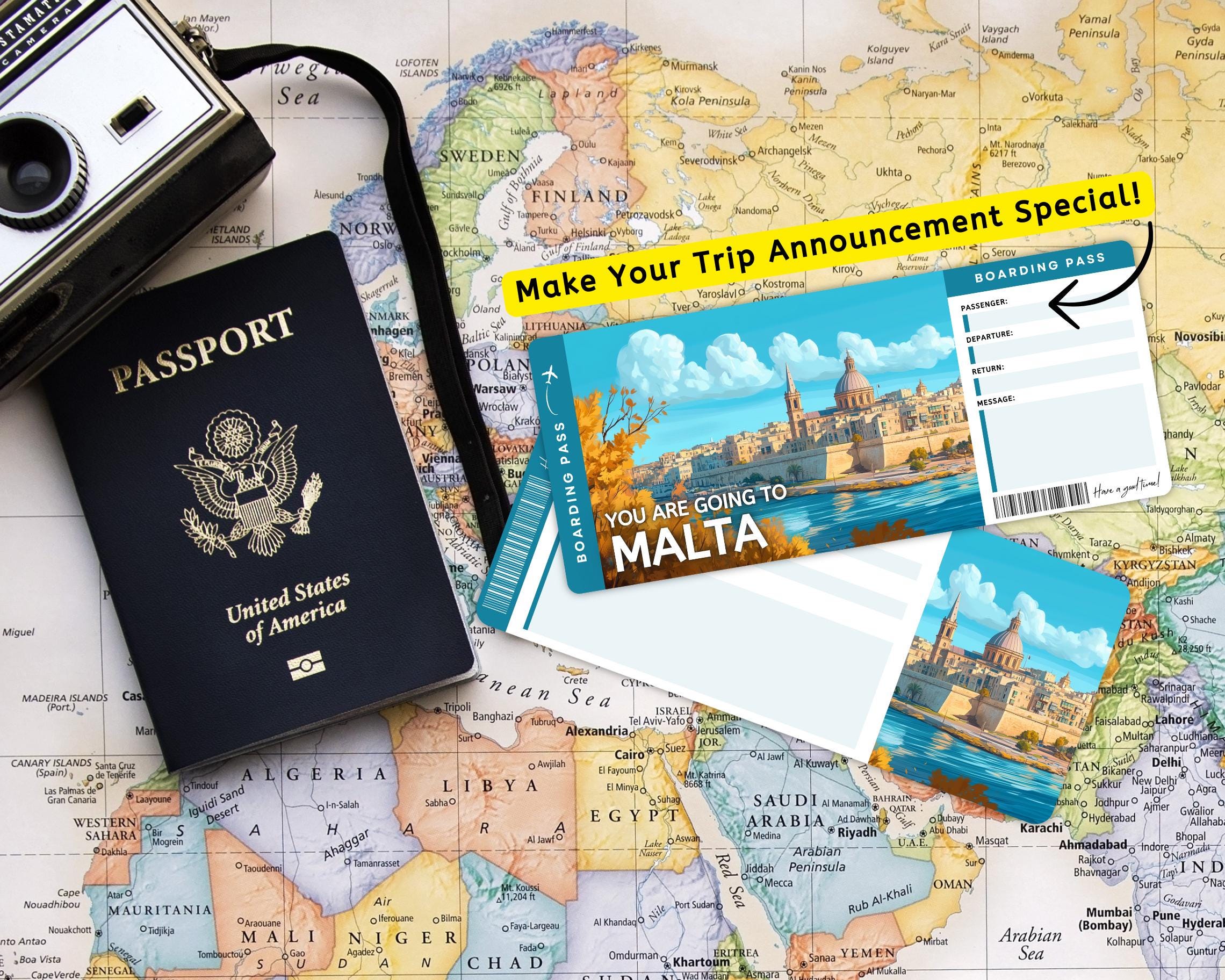 Printable Malta Surprise Gift Ticket, Editable Valletta Vacation ...