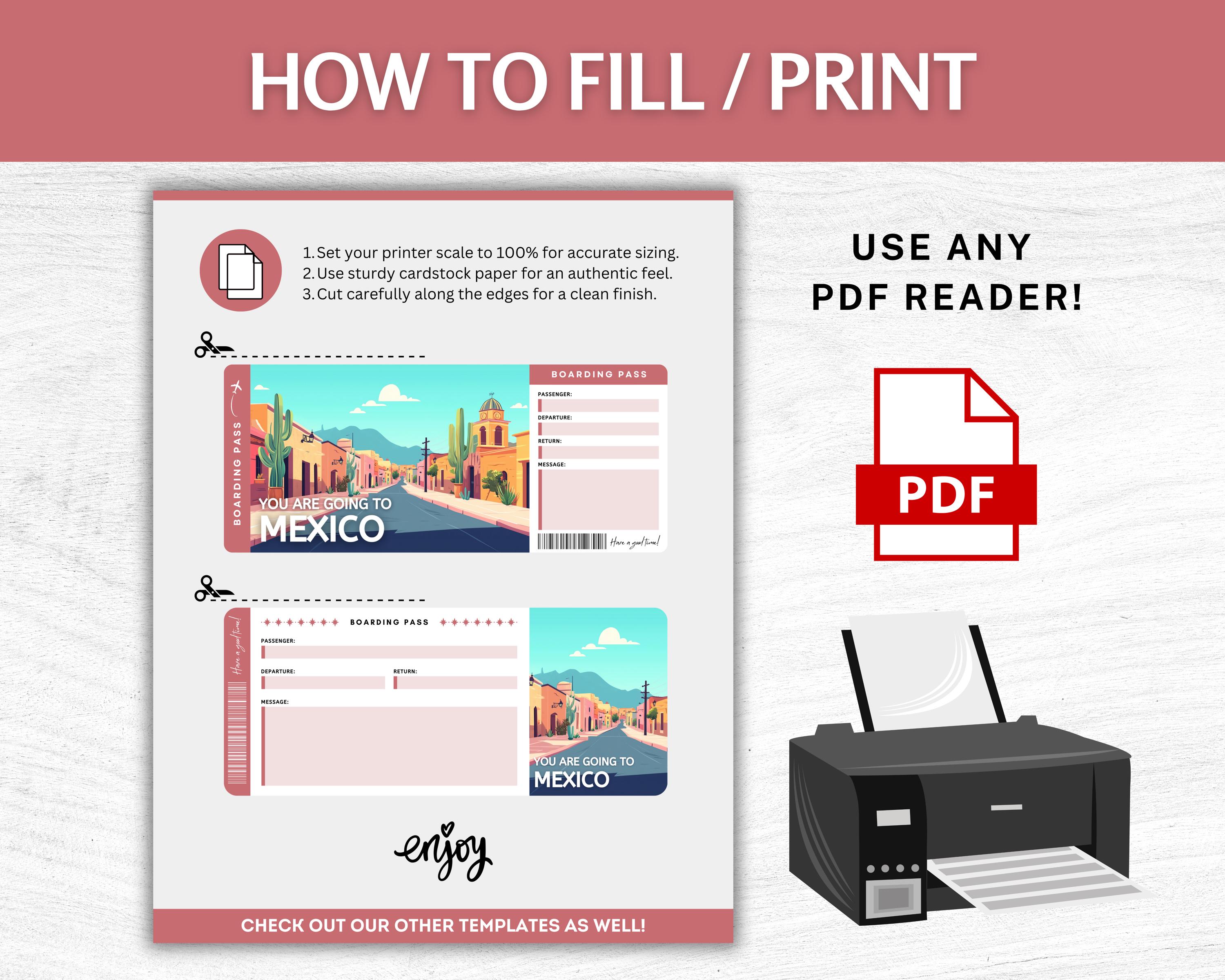 Printable Mexico Surprise Gift Ticket, Editable Cancun Vacation ...