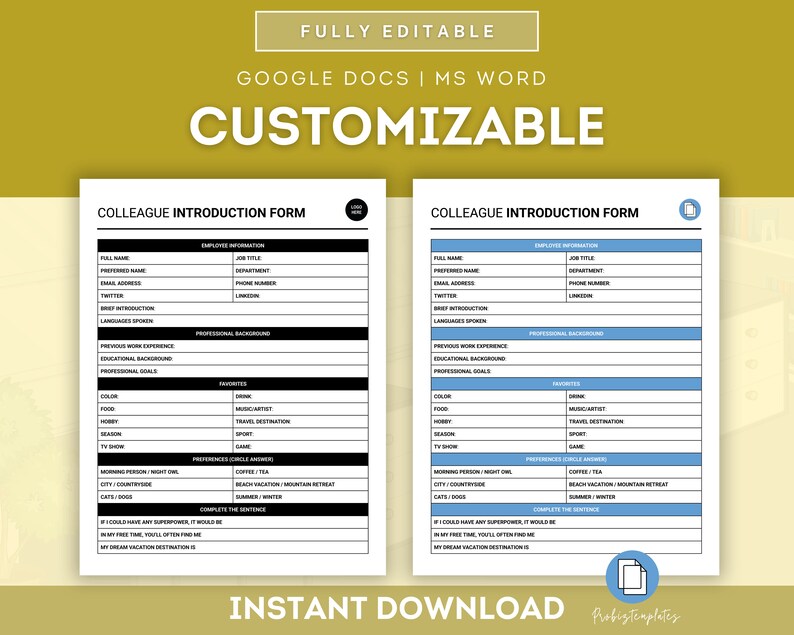 Colleague Introduction Form, Team Member Introduction, Co-worker ...