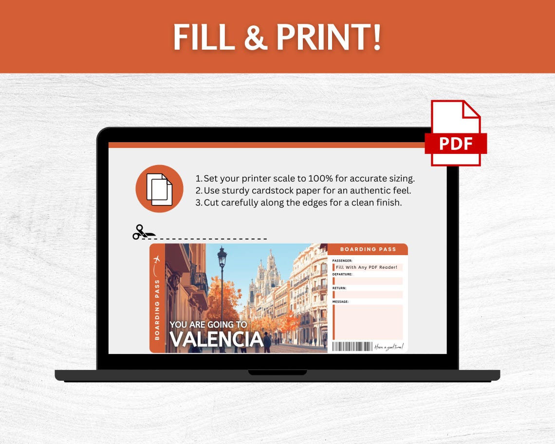 Printable Valencia Surprise Gift Ticket, Editable Spain Boarding Pass ...