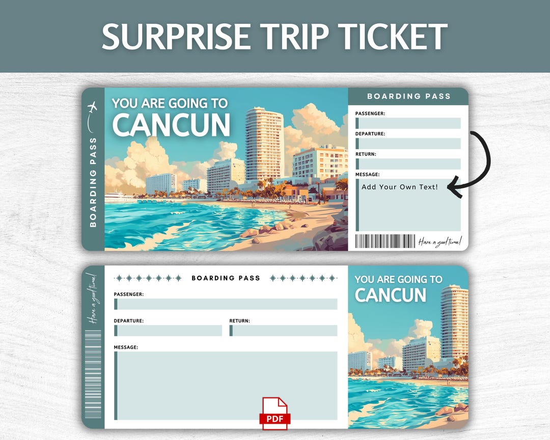 Printable Cancun Surprise Gift Ticket, Editable Mexico Vacation ...
