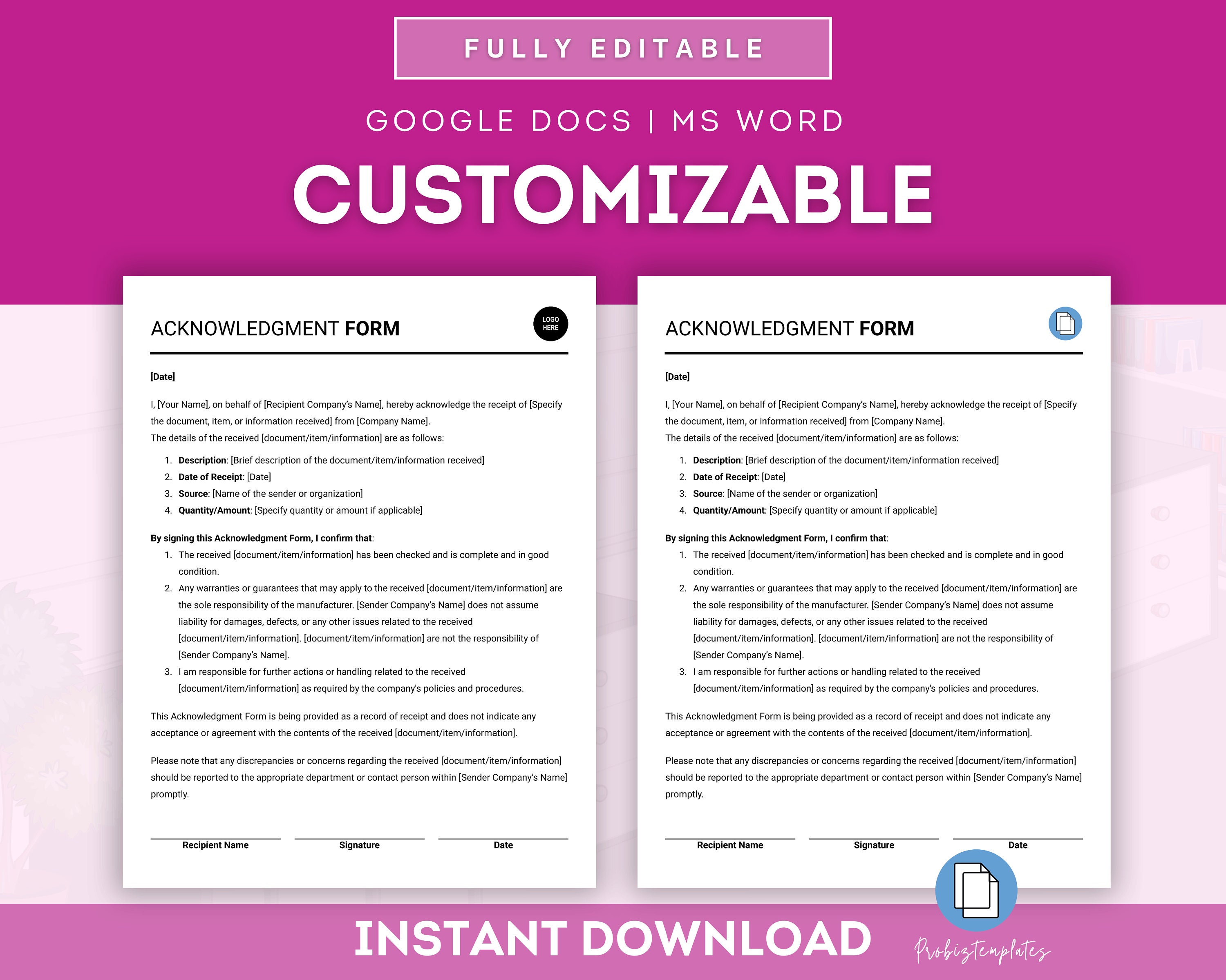 Acknowledgment Form Template, Confirmation Form Template, Receipt Form ...