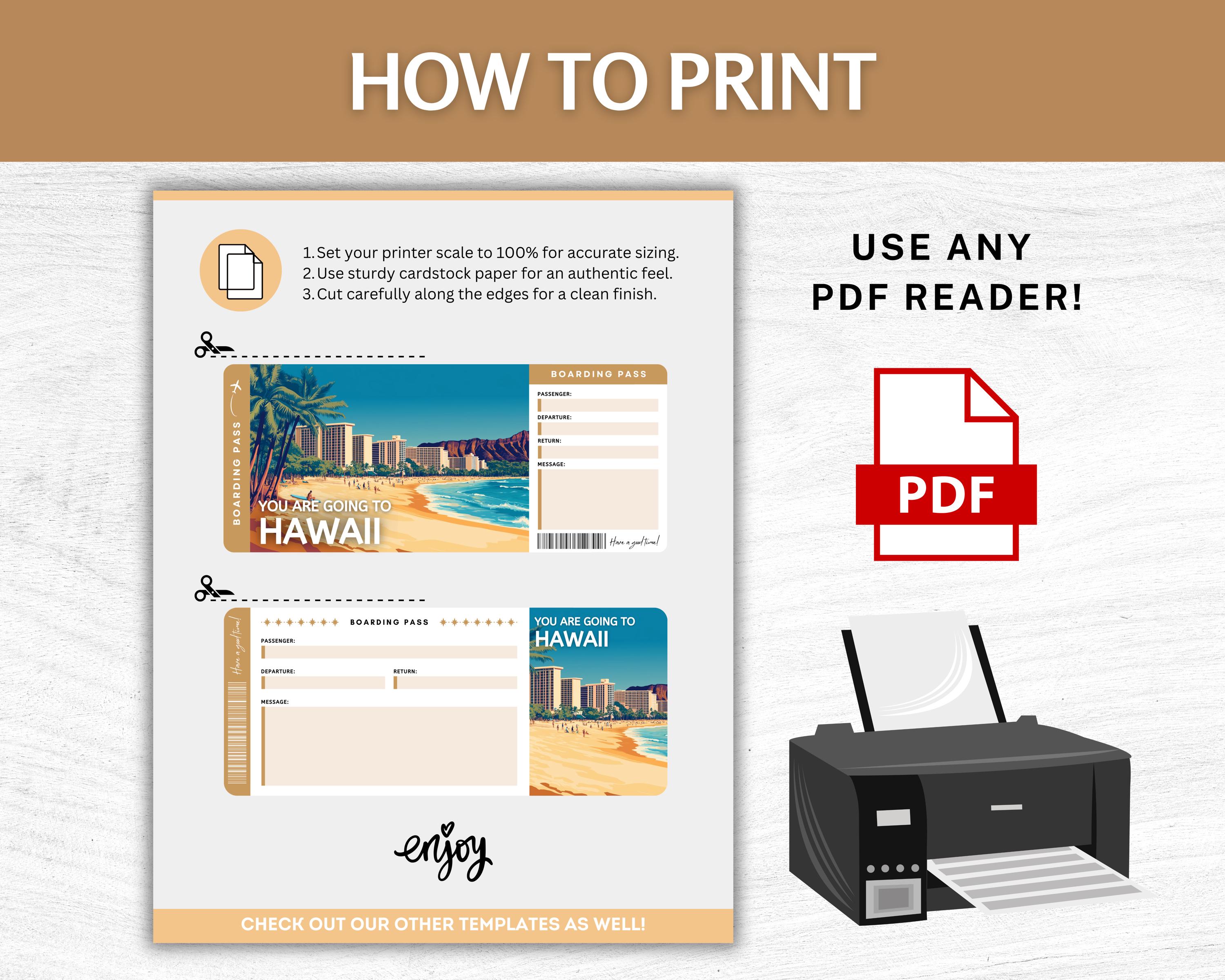 Printable Hawaii Surprise Gift Ticket, Editable Honolulu Boarding Pass ...