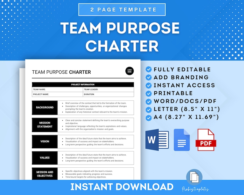 Team Purpose Charter Template, Project Charter, Template, Team Mission ...
