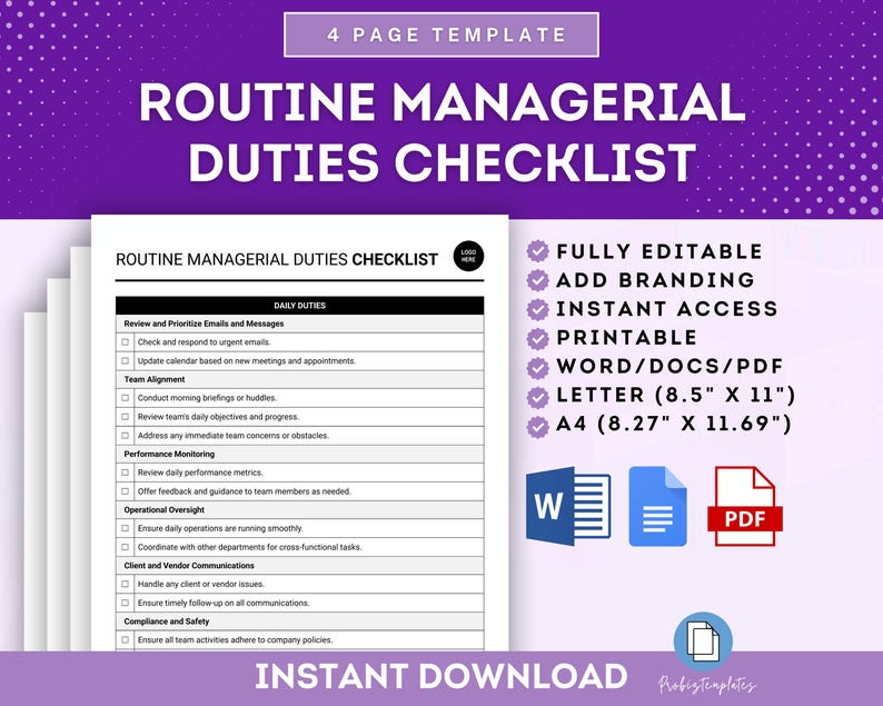 Routine Managerial Duties Checklist, Daily Manager Tasks, Managerial ...