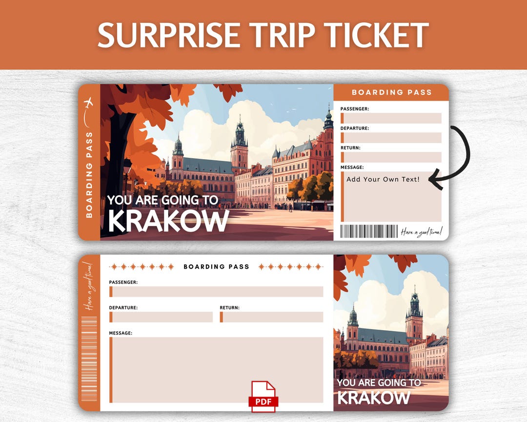 Printable Krakow Surprise Gift Ticket, Editable Poland Vacation ...
