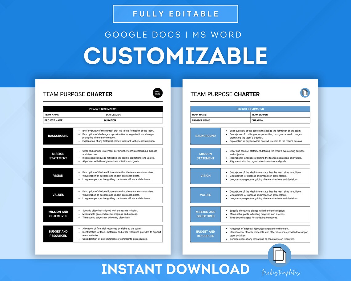 Team Purpose Charter Template, Project Charter, Template, Team Mission ...