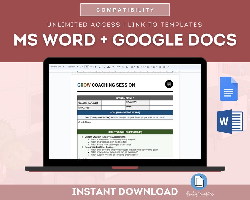 Employee Coaching Session Sheet Template, GROW Coaching Model, Employee ...