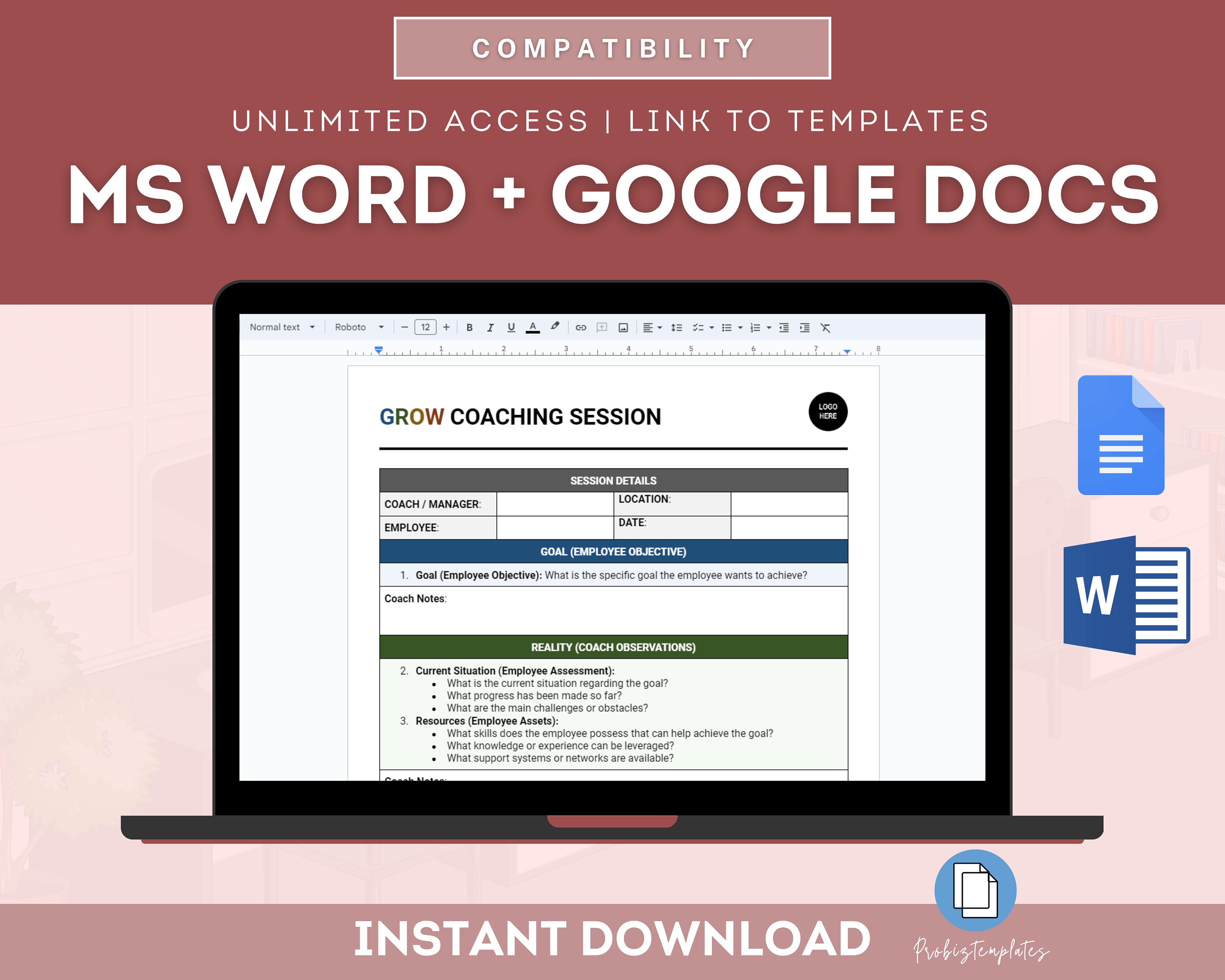 Employee Coaching Session Sheet Template, GROW Coaching Model, Employee ...