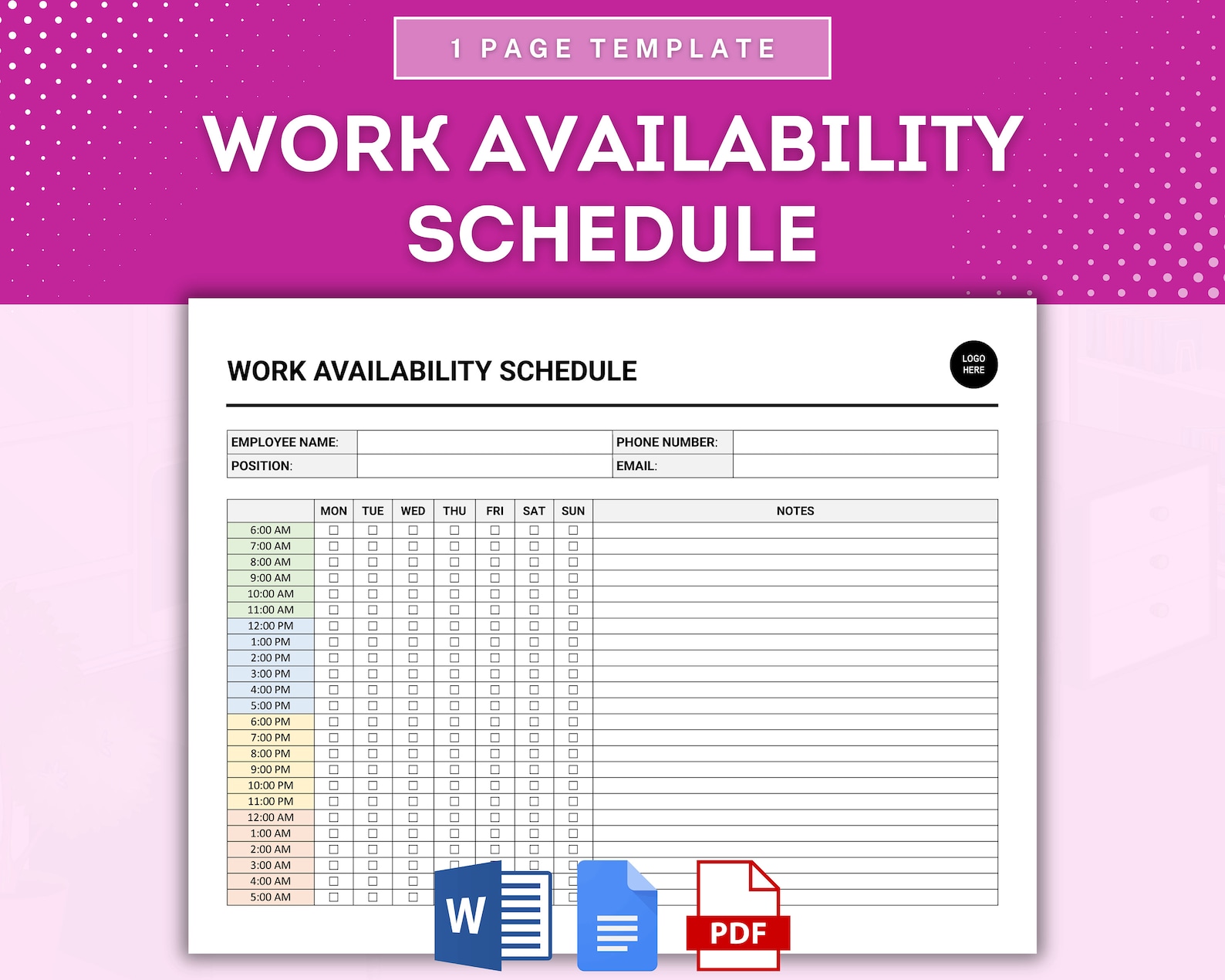 Work Availability Schedule Sheet, Work Availability Tracker, Shift ...