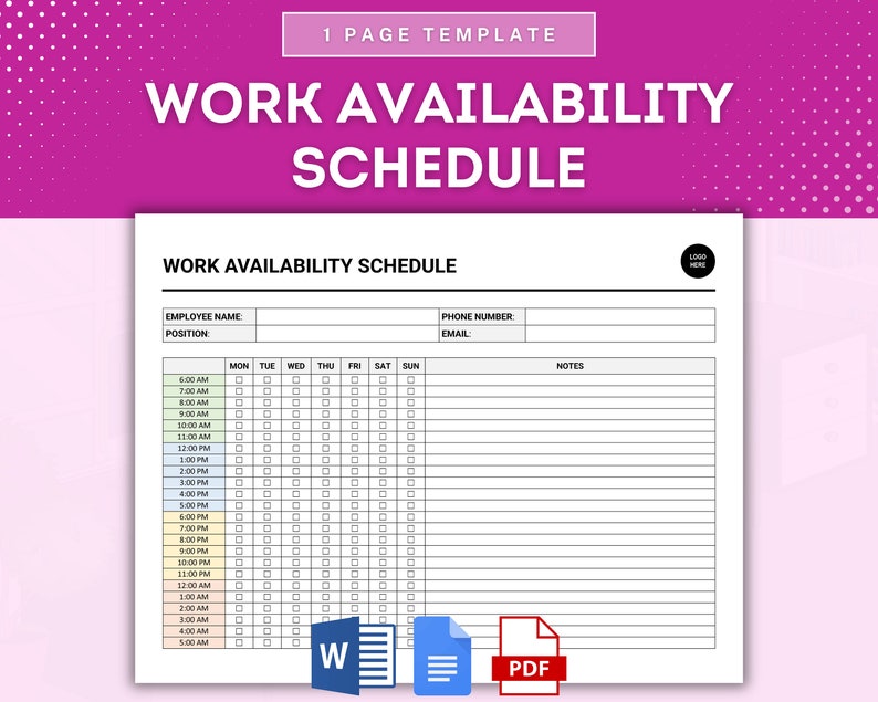 Work Availability Schedule Sheet, Work Availability Tracker, Shift ...