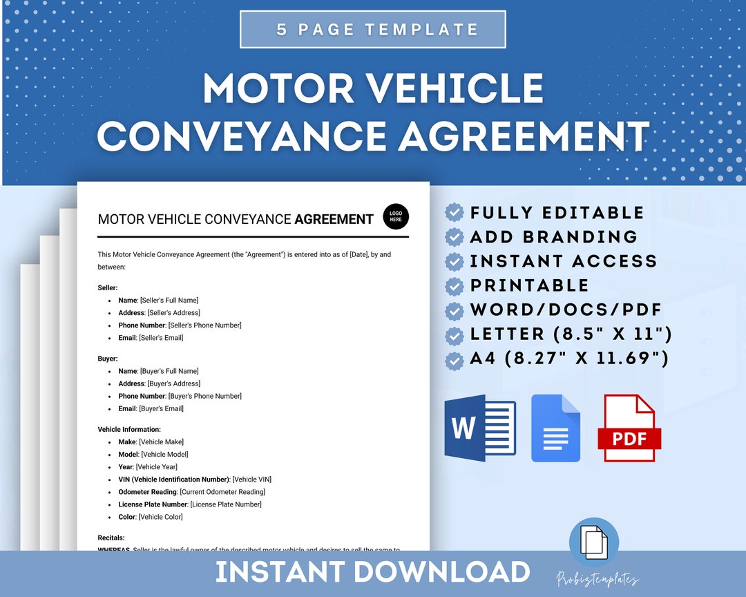 Motor Vehicle Conveyance Agreement Template, Vehicle Transfer Agreement ...