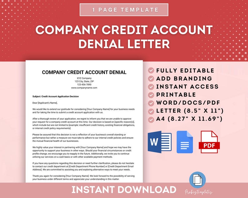 Company Credit Account Denial Letter, Credit Application Rejection ...