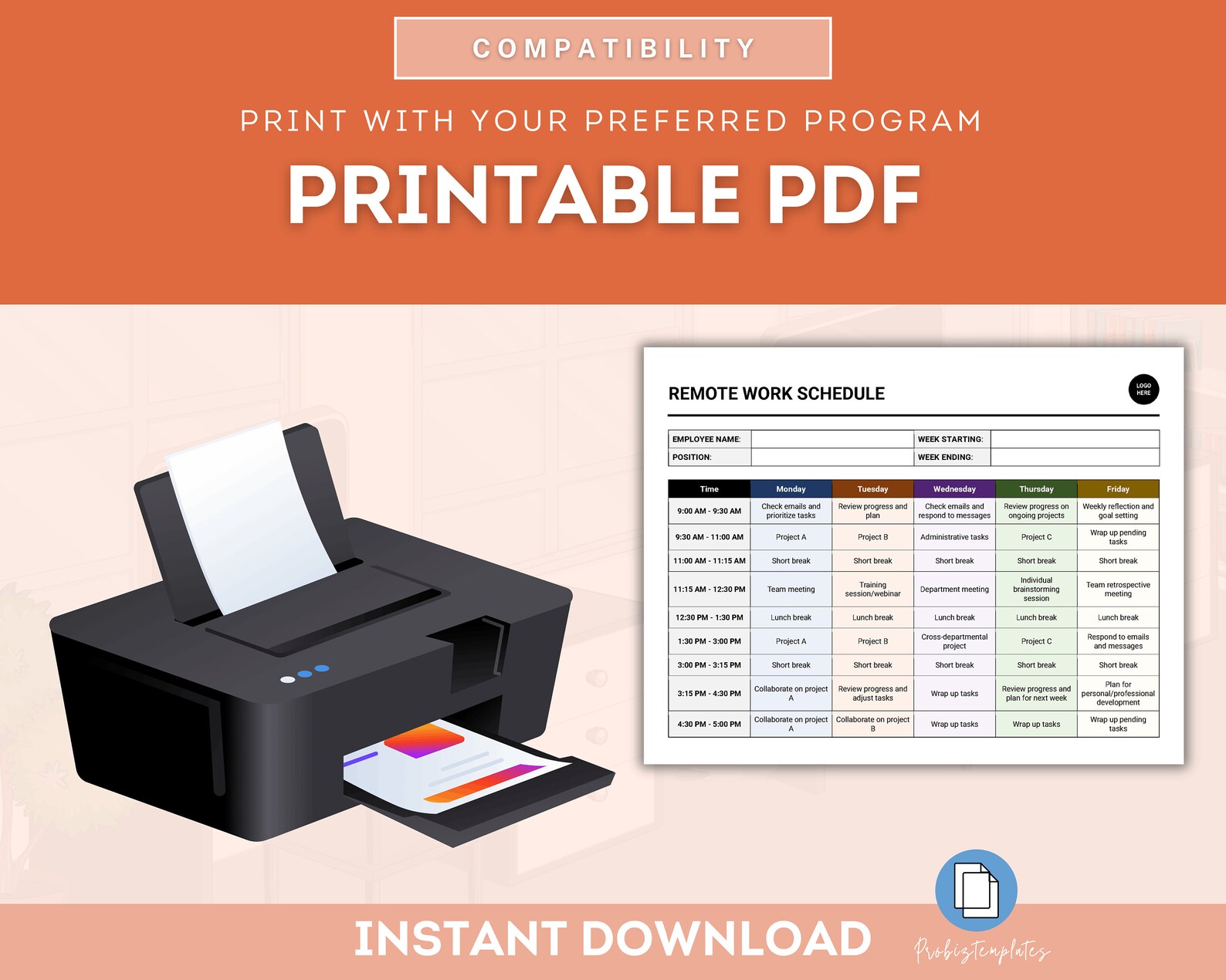 Remote Work Schedule Template, Virtual Work Timetable, Telecommuting ...